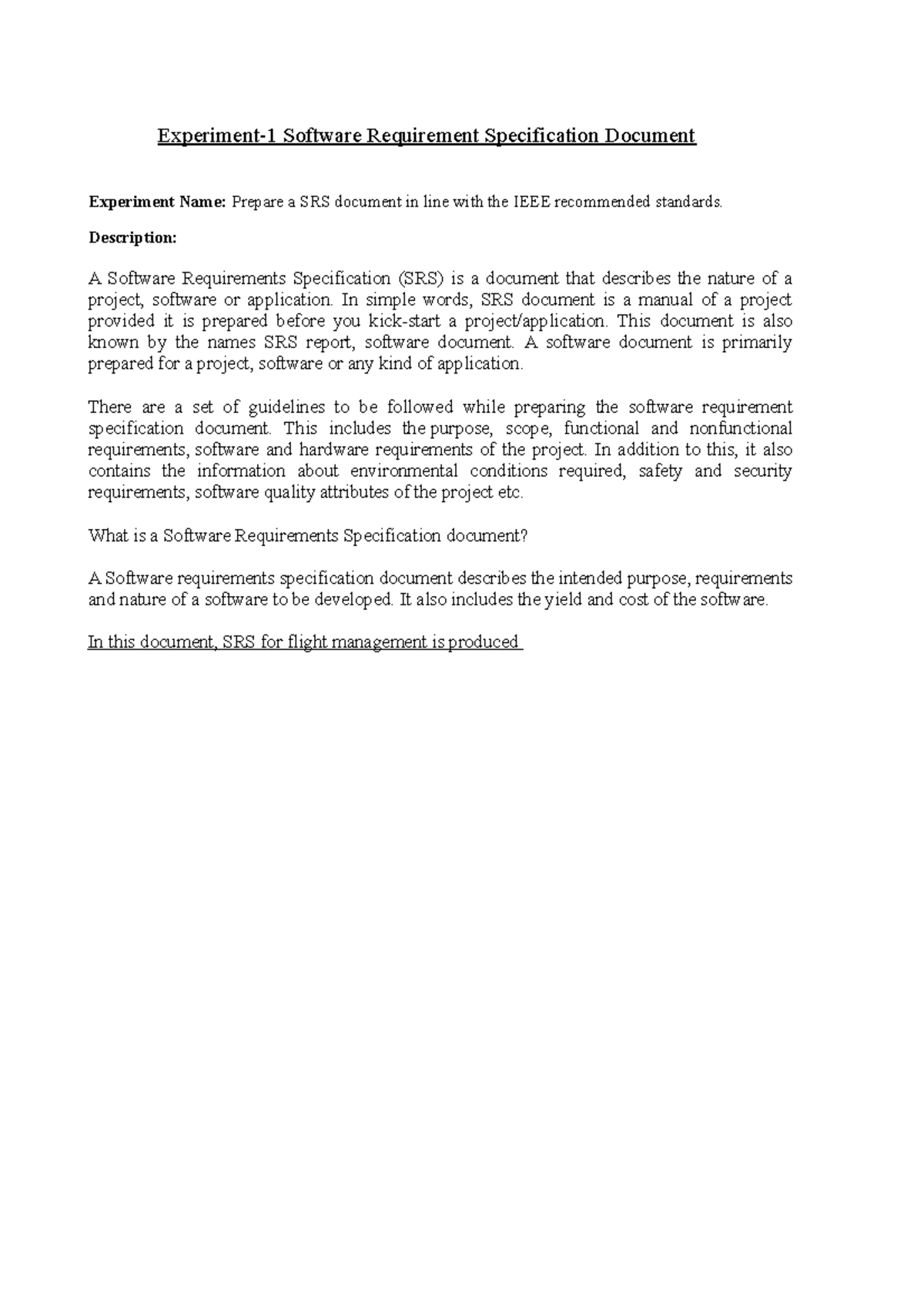 Software Engineering lab file - Experiment-1 Software Requirement Specification Document ...