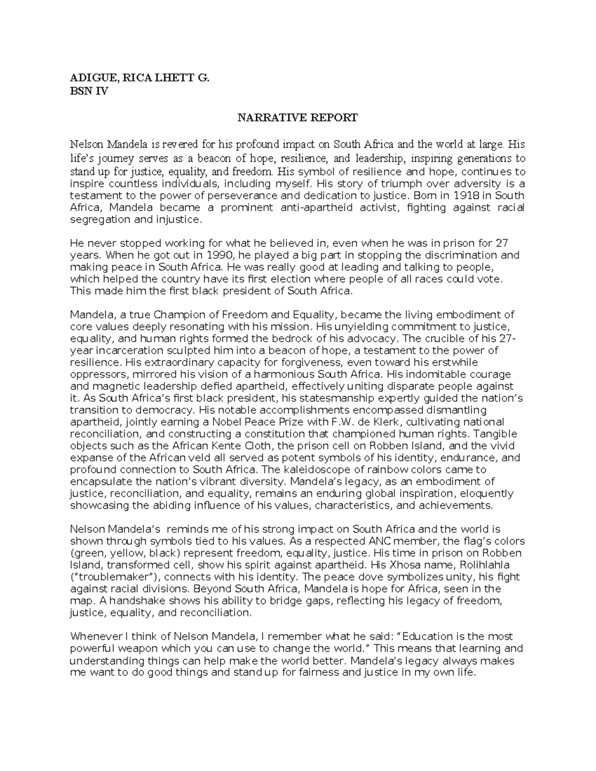 Narrative Report - ADIGUE, RICA LHETT G. BSN IV NARRATIVE REPORT Nelson ...