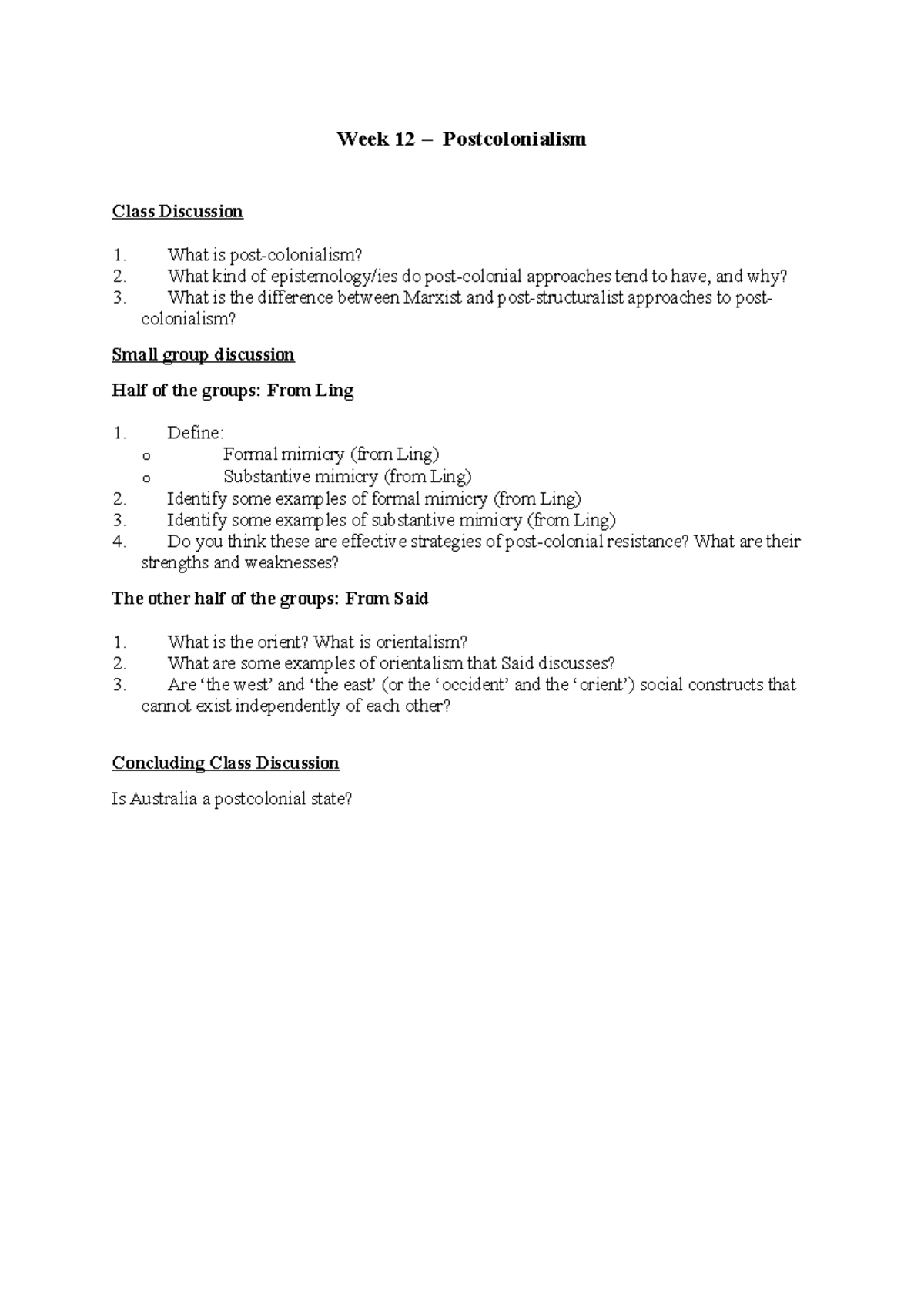 Postcolonial Questions - Week 12 – Postcolonialism Class Discussion ...