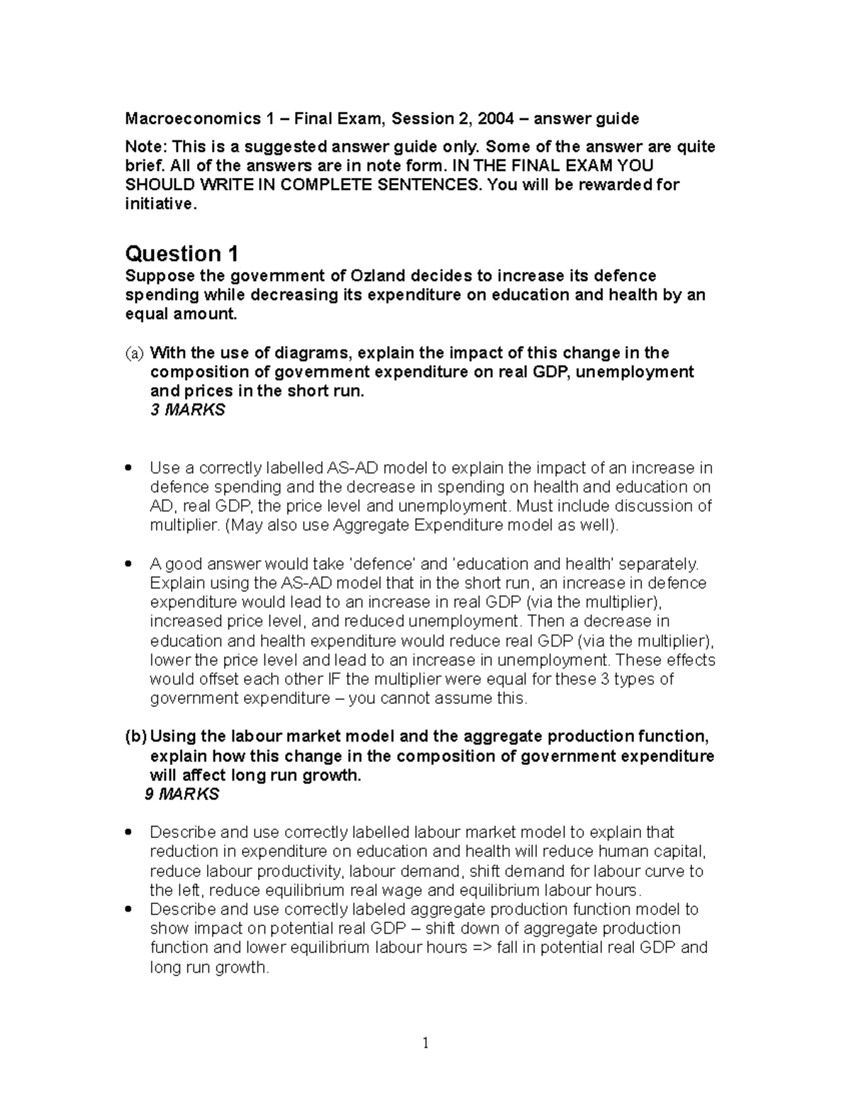 Final Exam 2009, questions and answers - Macroeconomics 1 – Final Exam ...