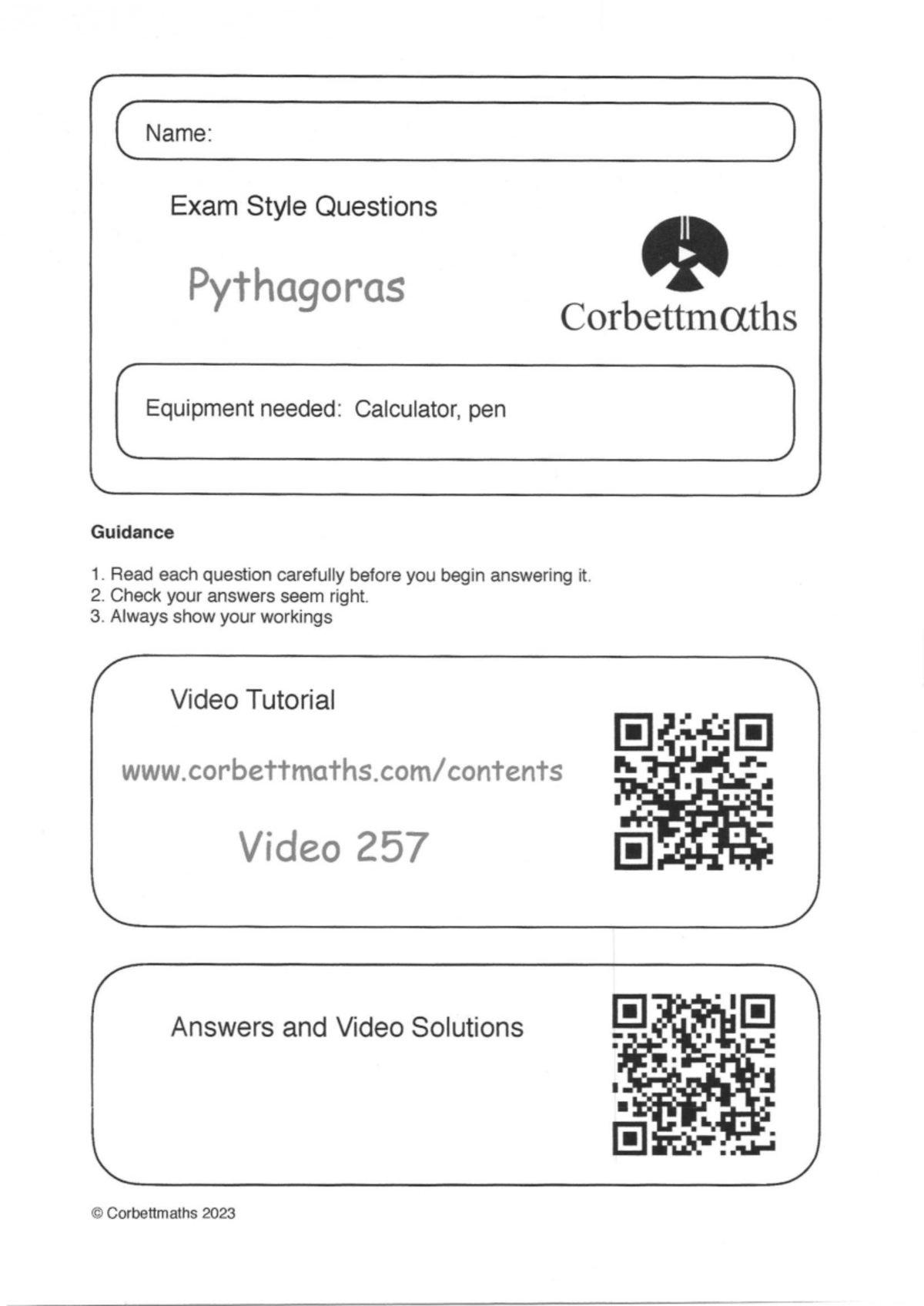 Pythagoras-answers - use honestly - Name: Exam Style Questions ...