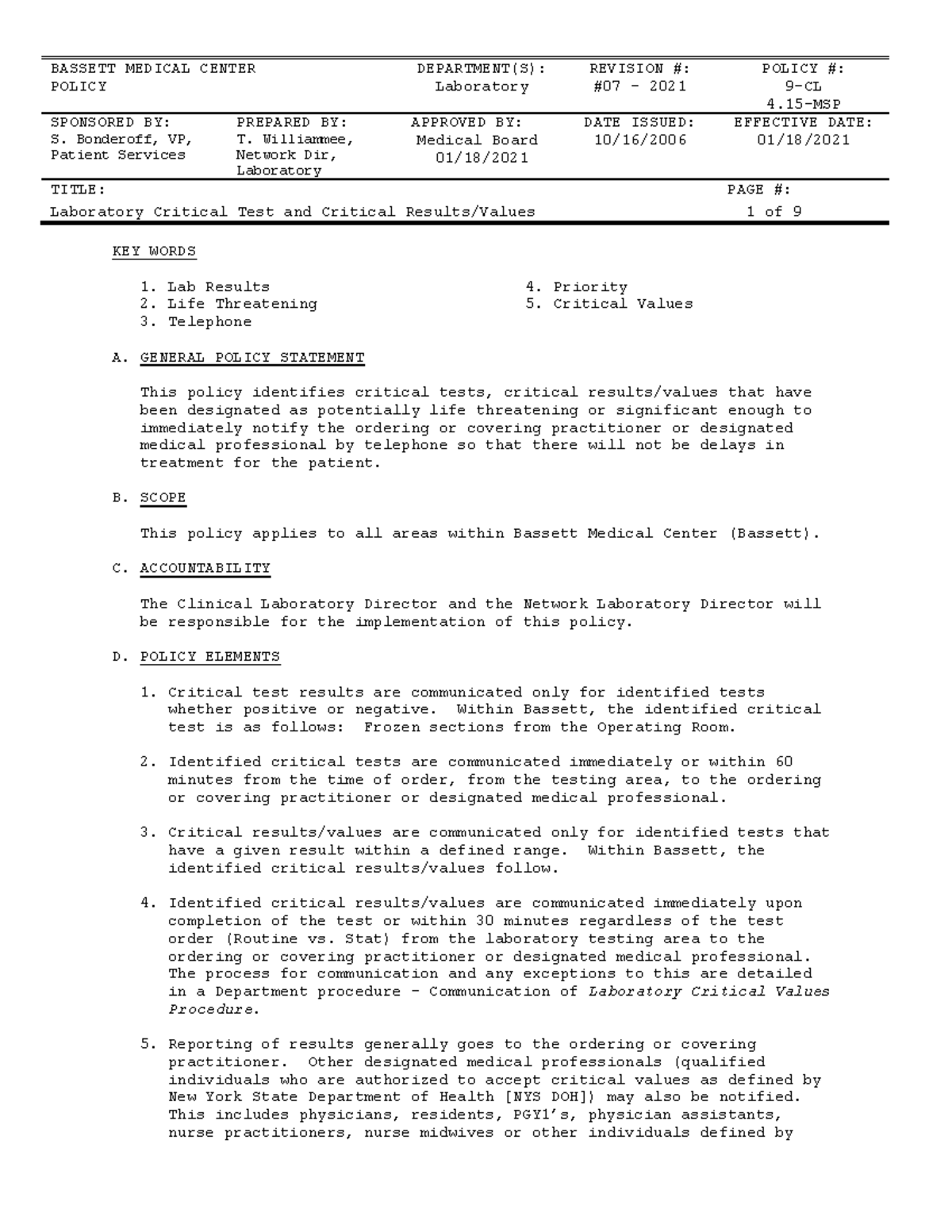 Critical value policy 3 - BASSETT MEDICAL CENTER DEPARTMENT(S ...
