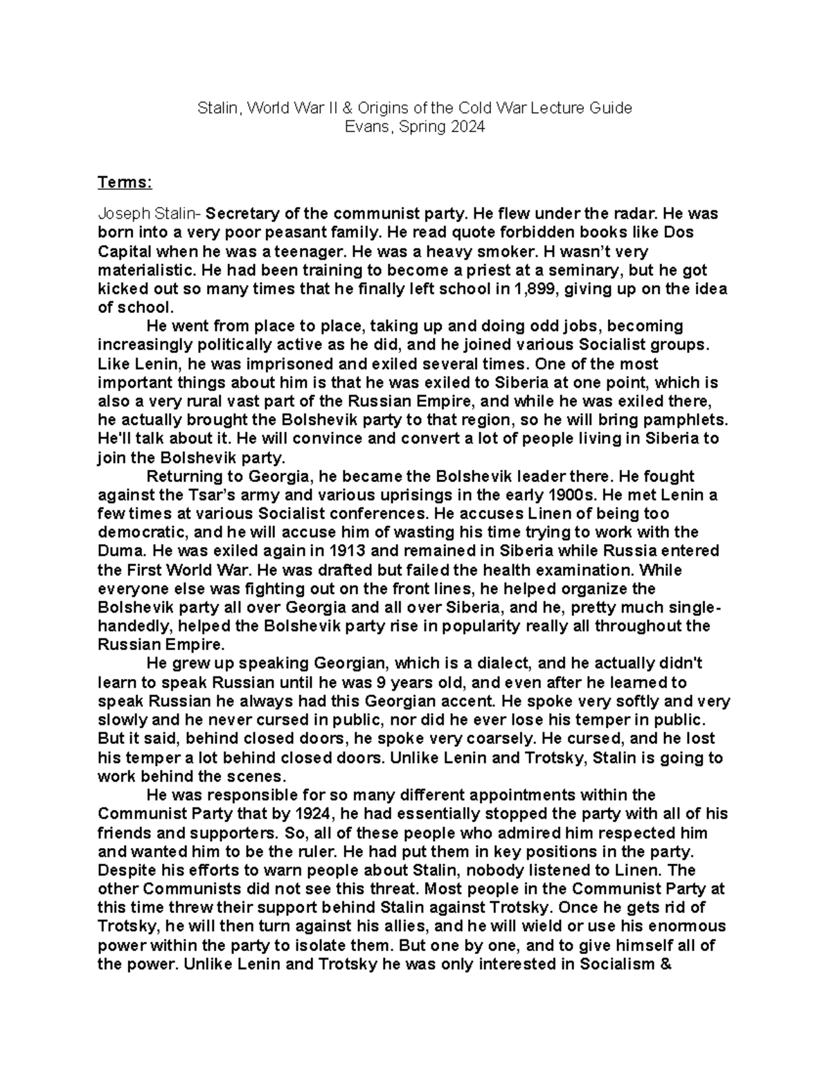 Stalin, USSR, WWII Lecture Guide - Stalin, World War II & Origins of ...