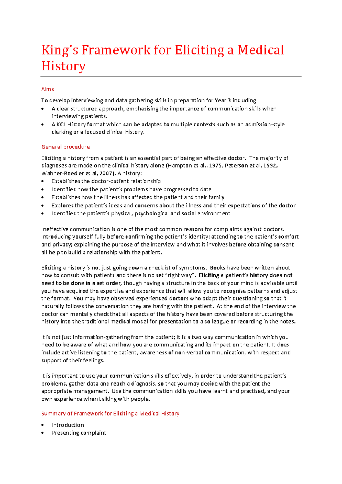 KCL Framework for Eliciting a Medical History copy - King’s Framework ...