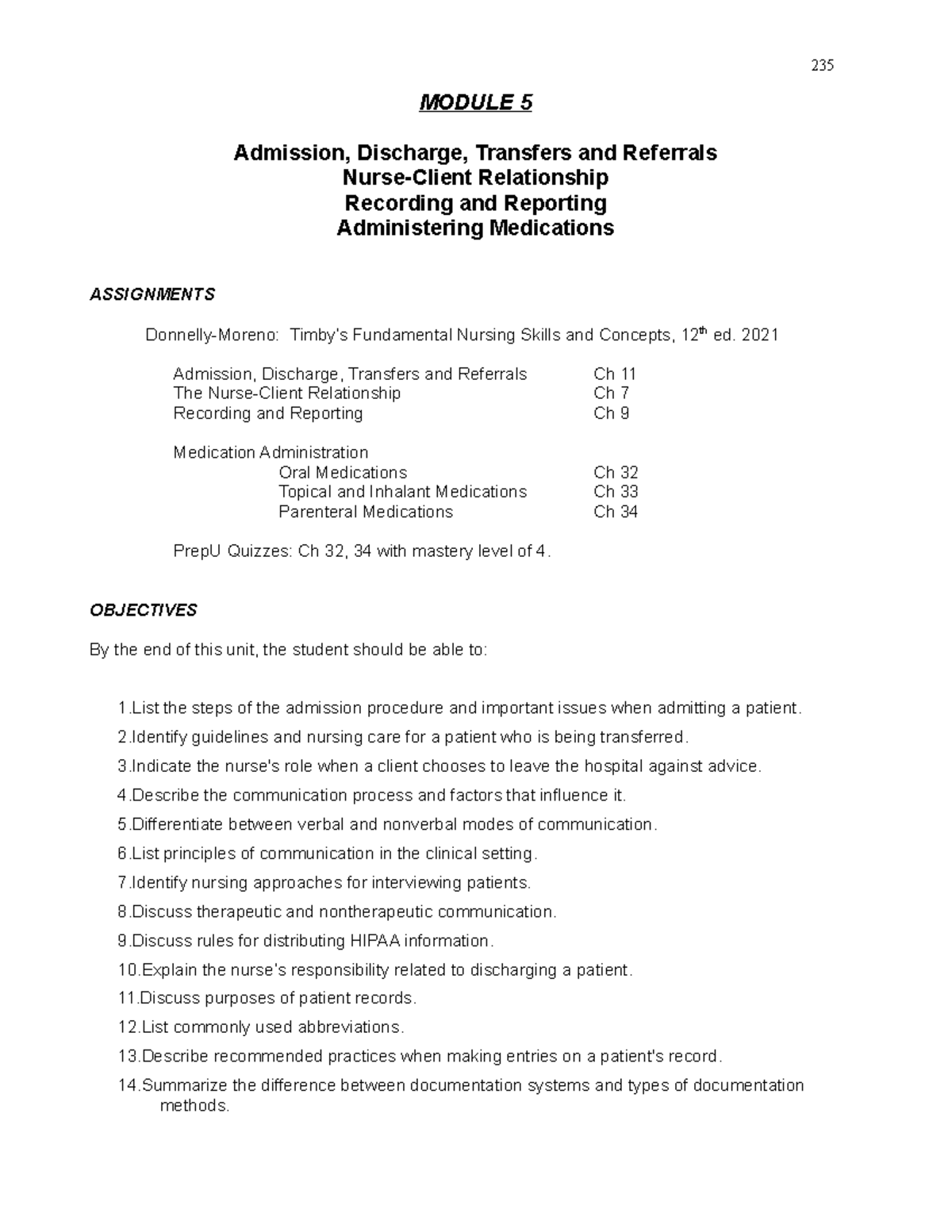 Module 5 Objectives Documentation ADT Communication Medication Administration - 235 MODULE 5 ...