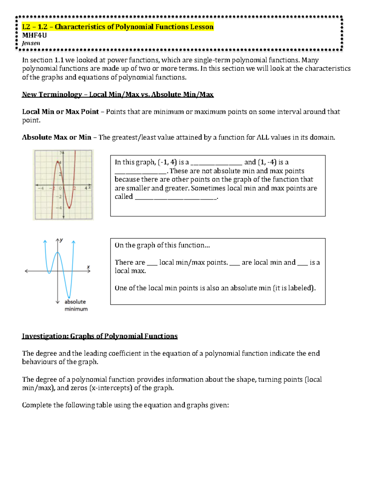 1 - Notes - L2 – 1 – Characteristics of Polynomial Functions Lesson ...