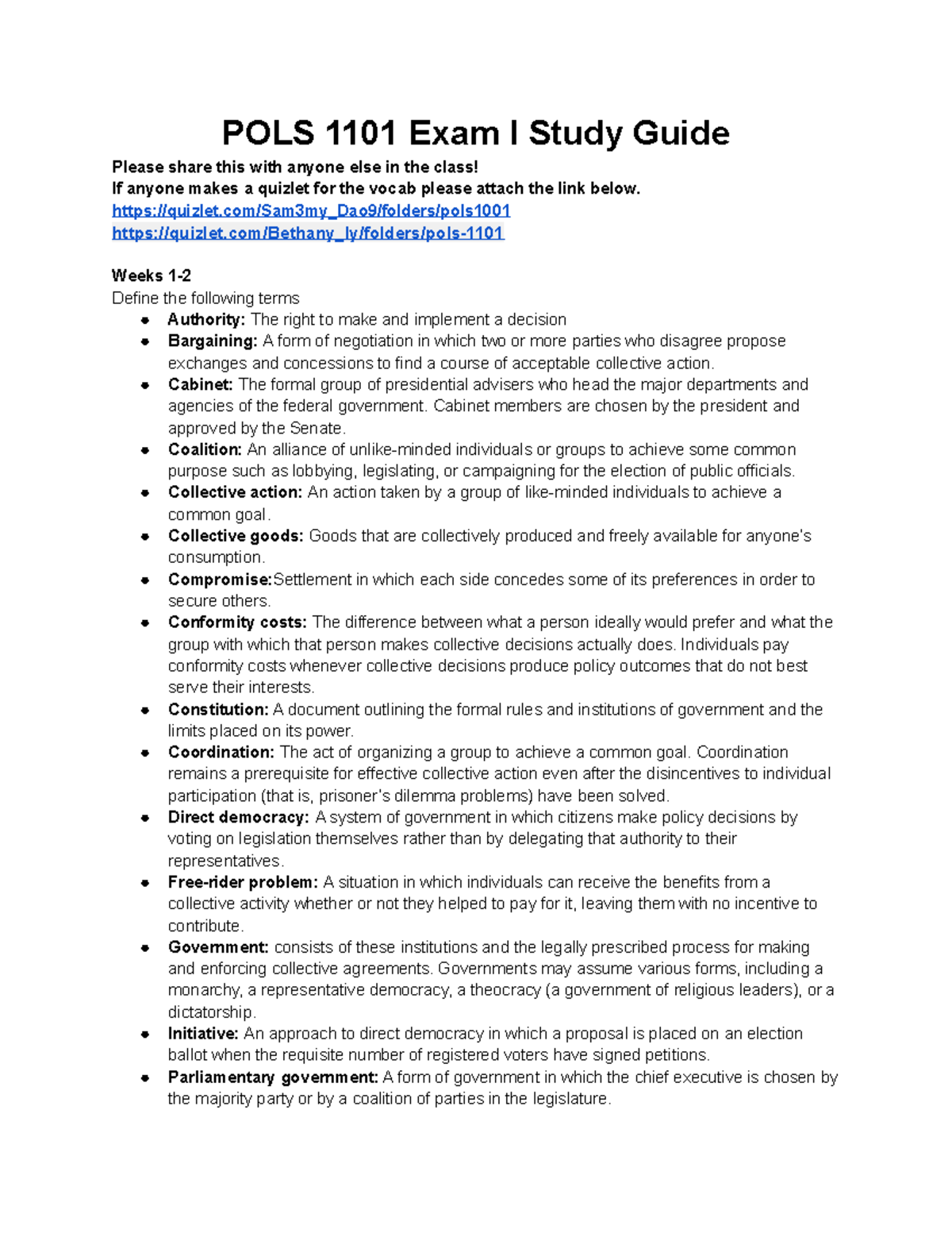 POLS Exam 1 Study Guide (part 2) - POLS 1101 Exam I Study Guide Please ...