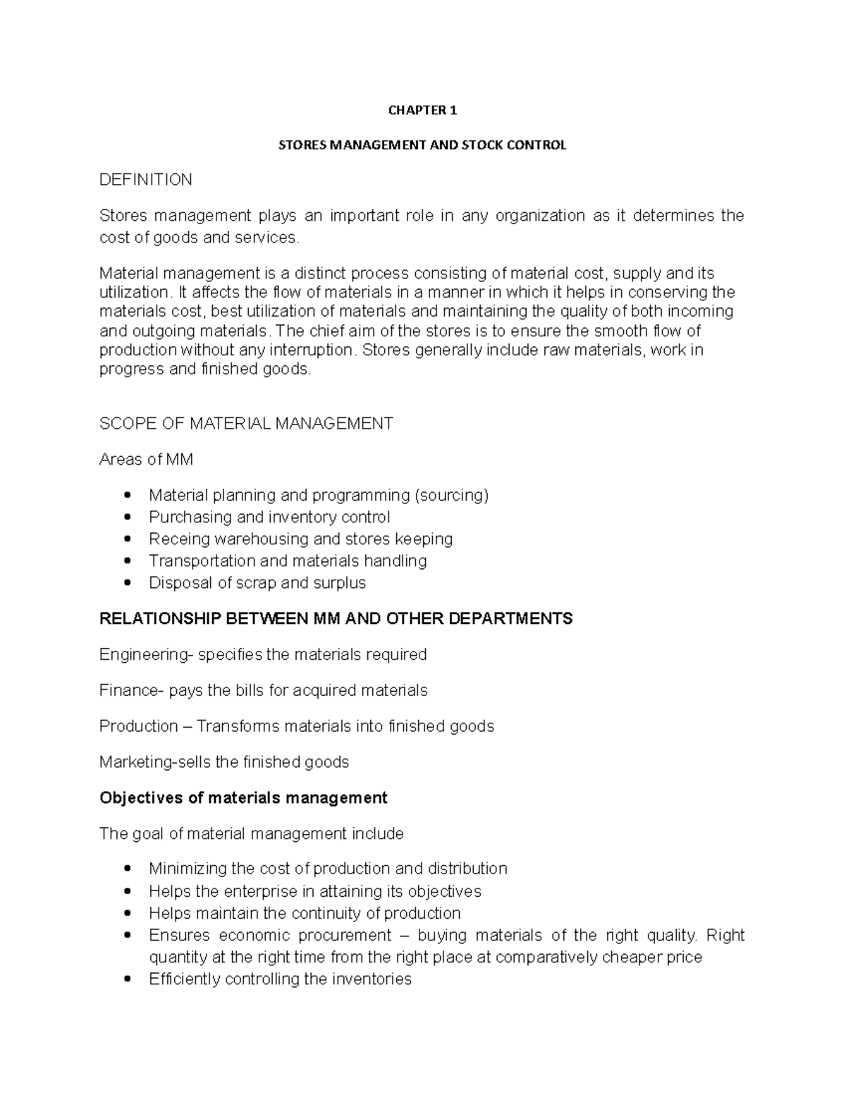 Chapter 1 Introduction to stores management...helpful notes in supplies ...