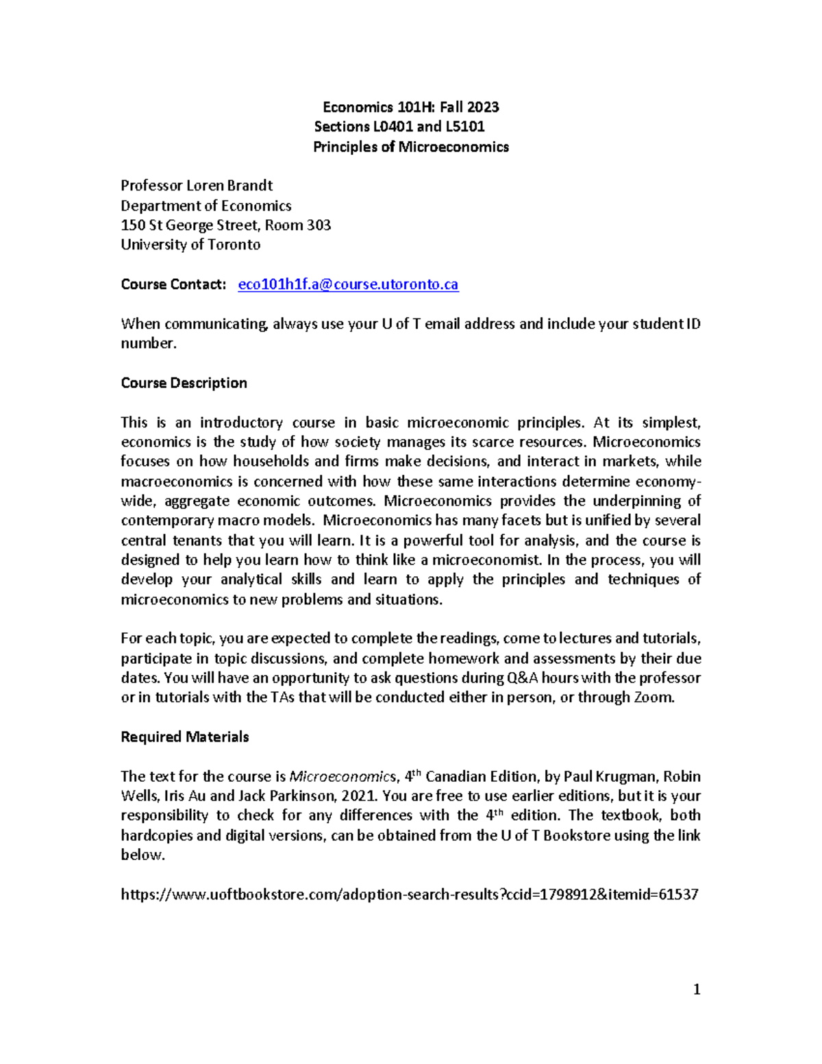 Syllabus Economics 101 Fall 2023-Loren Brandt - Economics 10 1 H: Fall ...