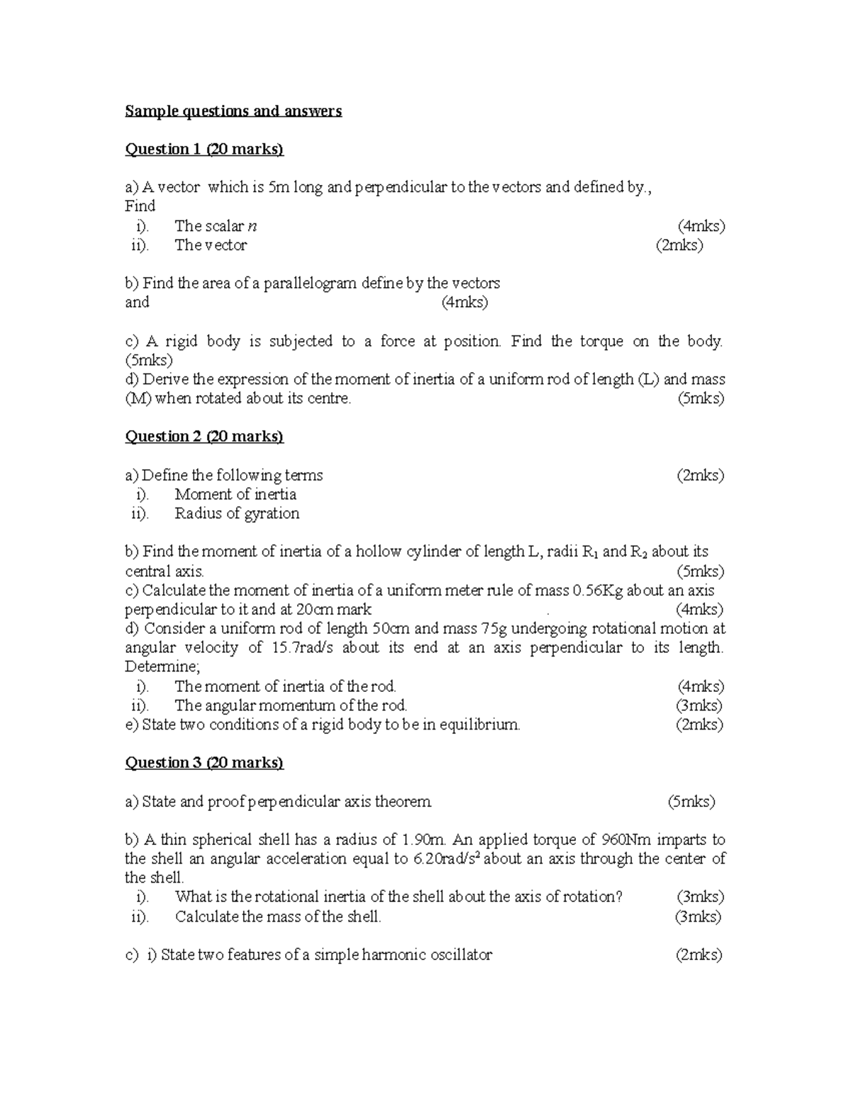 Mechanics 11 Sample questions and answers - Sample questions and ...