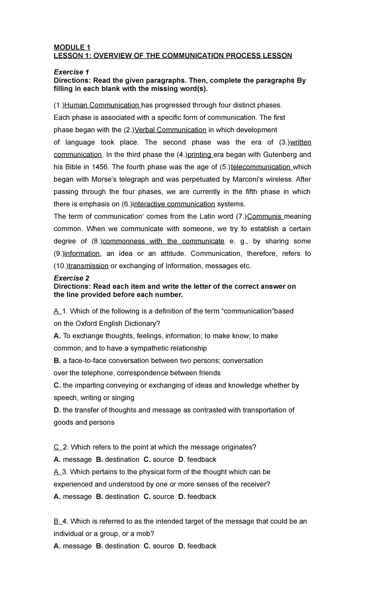 IE Answer Sheet - MODULE 1 LESSON 1: OVERVIEW OF THE COMMUNICATION ...