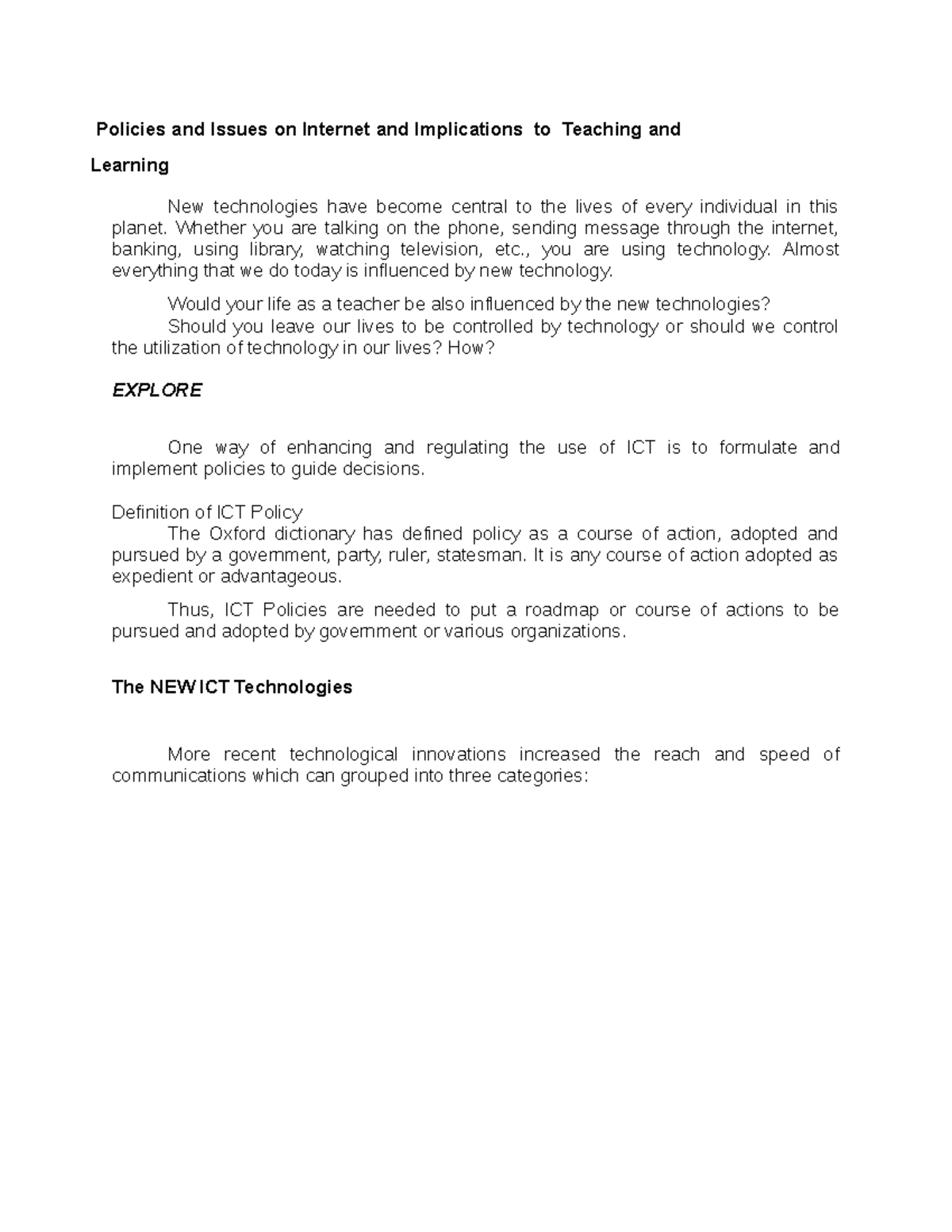 Policies and Issues on Internet and Implications to Teaching and ...