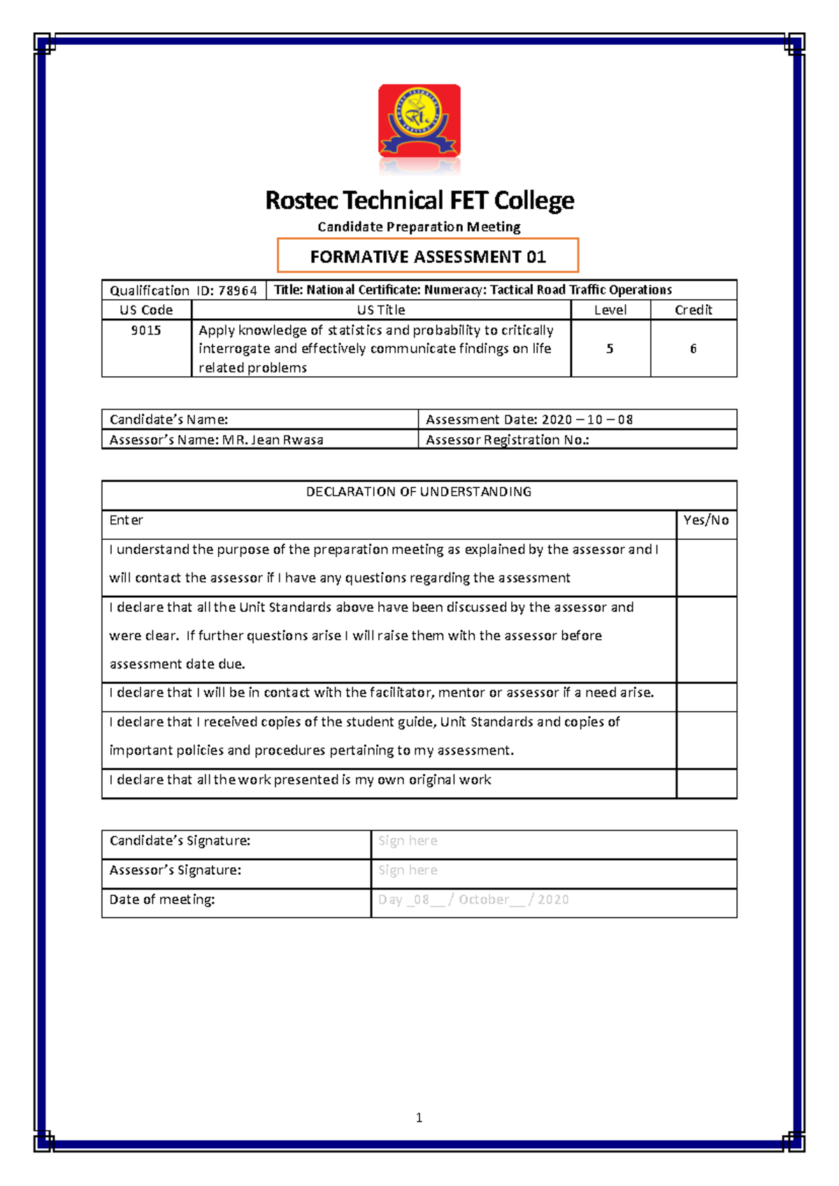 Assessment 01 - n/a - Rostec Technical FET College Candidate ...