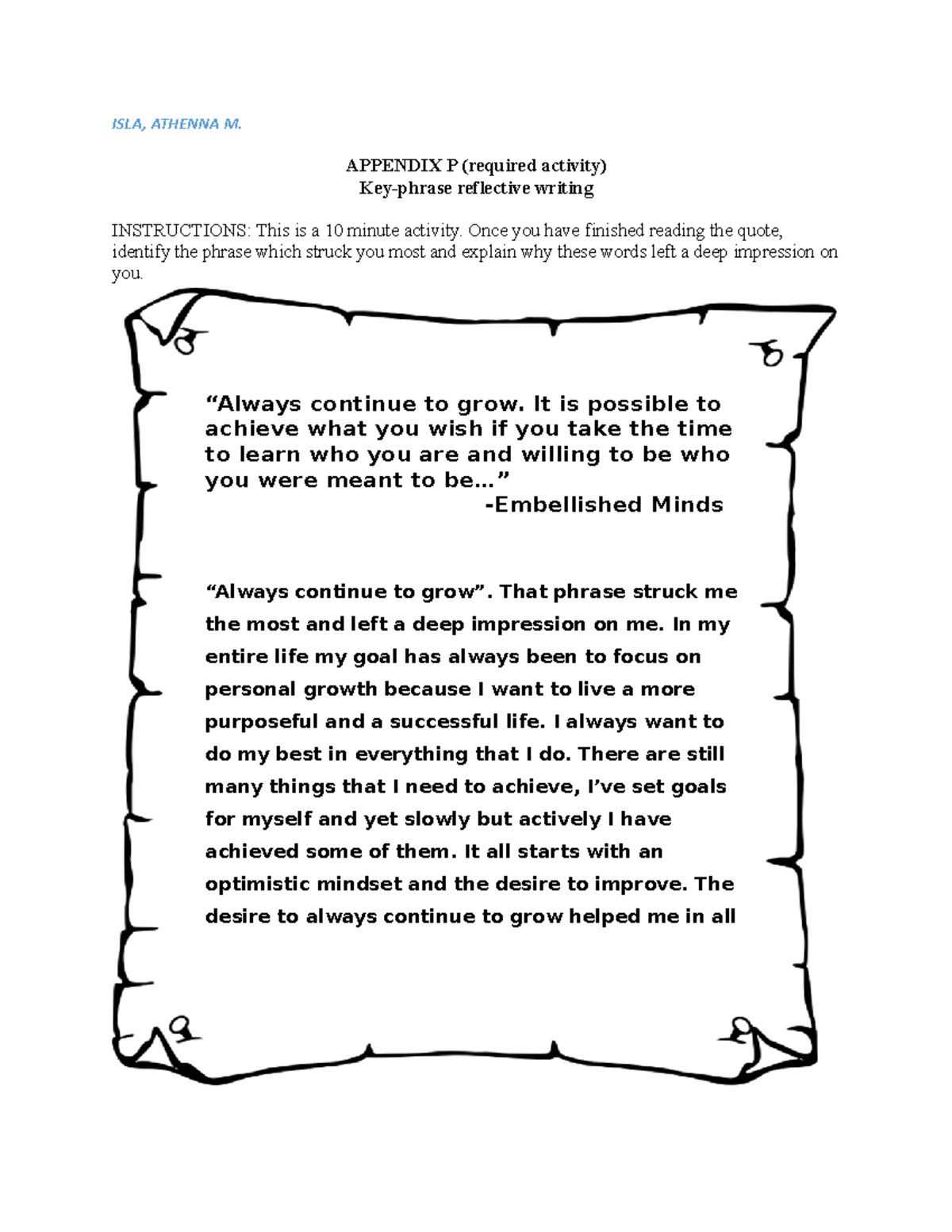 Appendix P AND Q- Reflective Writing; BE GOOD TO Yourself Graded ...