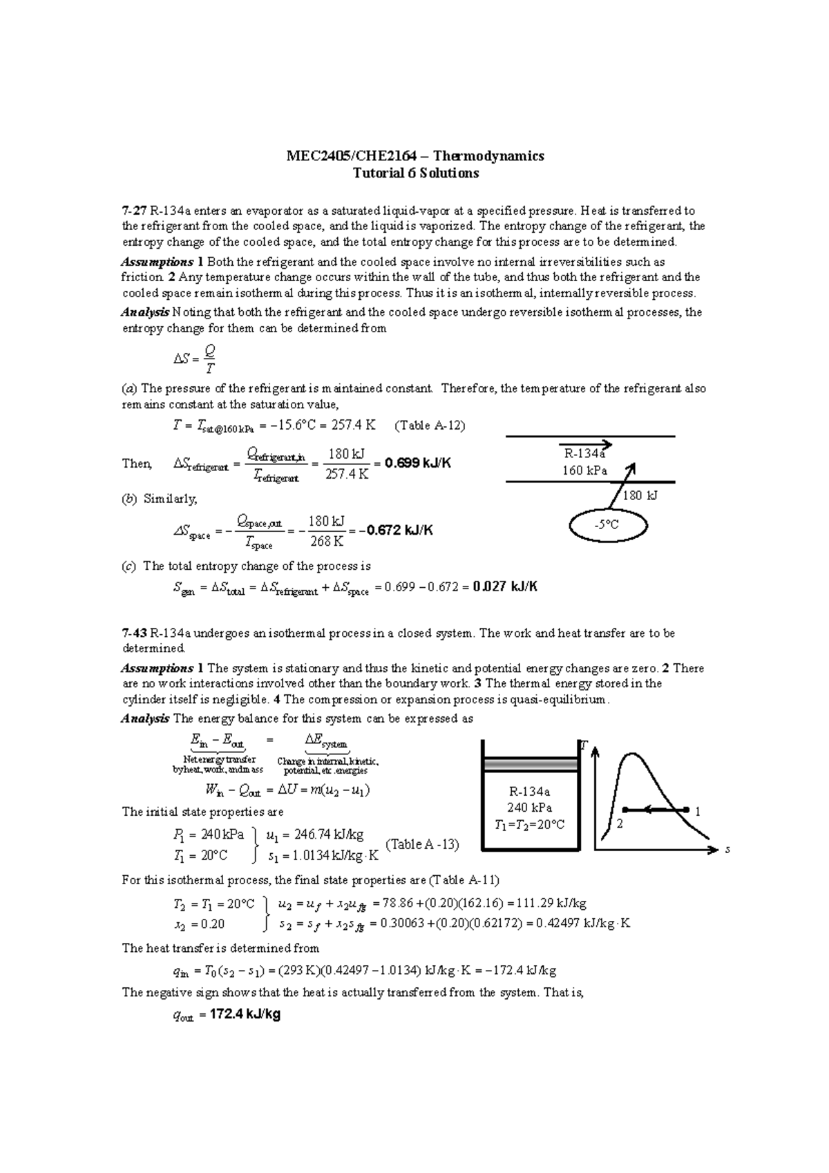 Tutorial 6 Solutions - MEC2405/CHE2164 – Thermodynamics Tutorial 6 ...