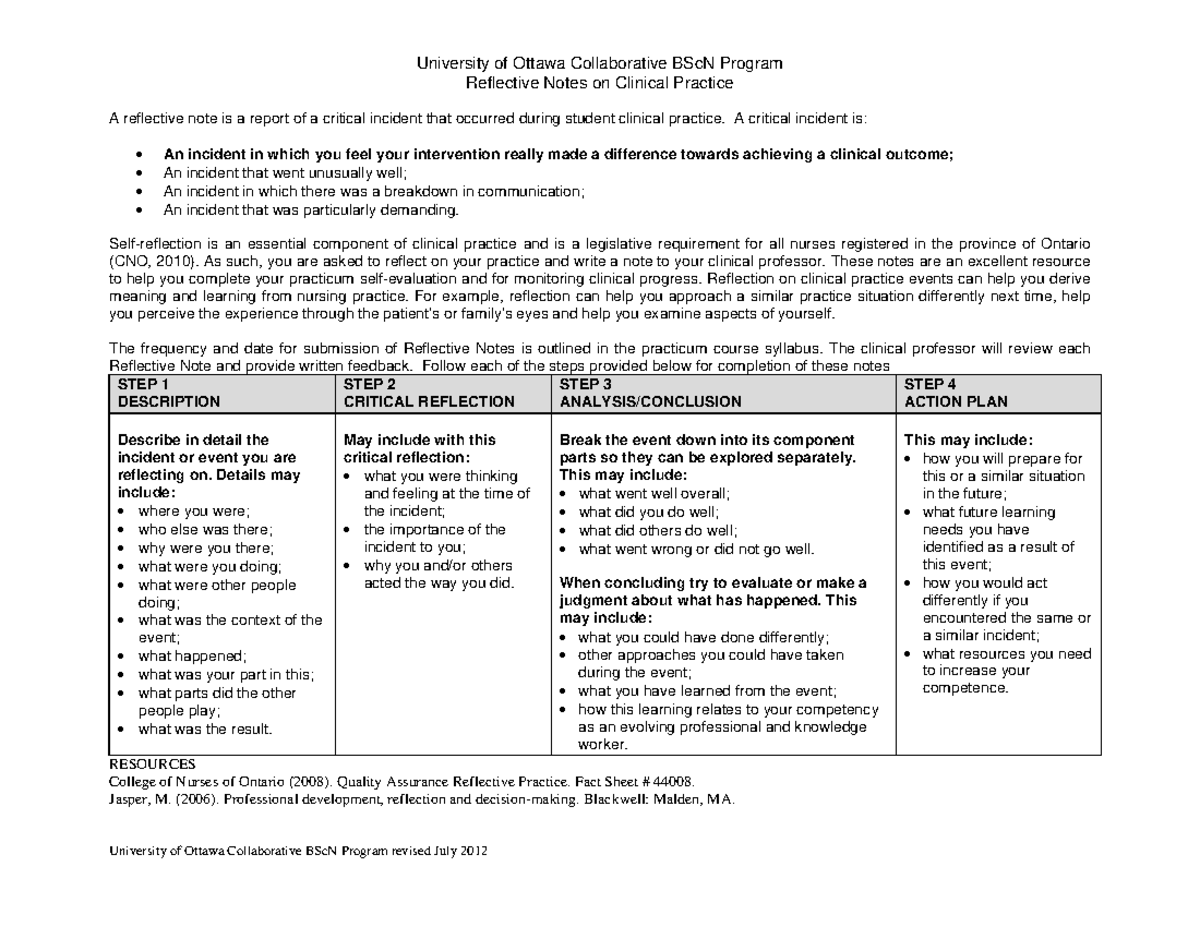 Reflective Notes on Clinical Practice - University of Ottawa ...