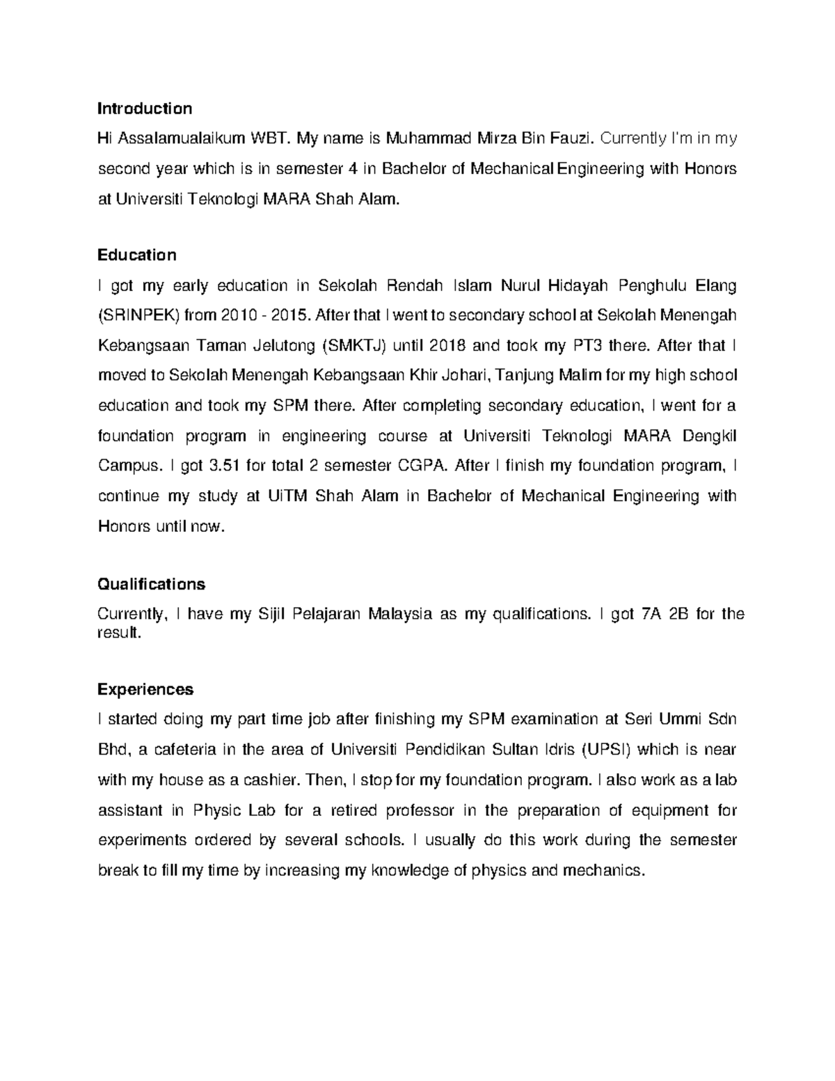 Script Video Resume - Introduction Hi Assalamualaikum WBT. My name is ...