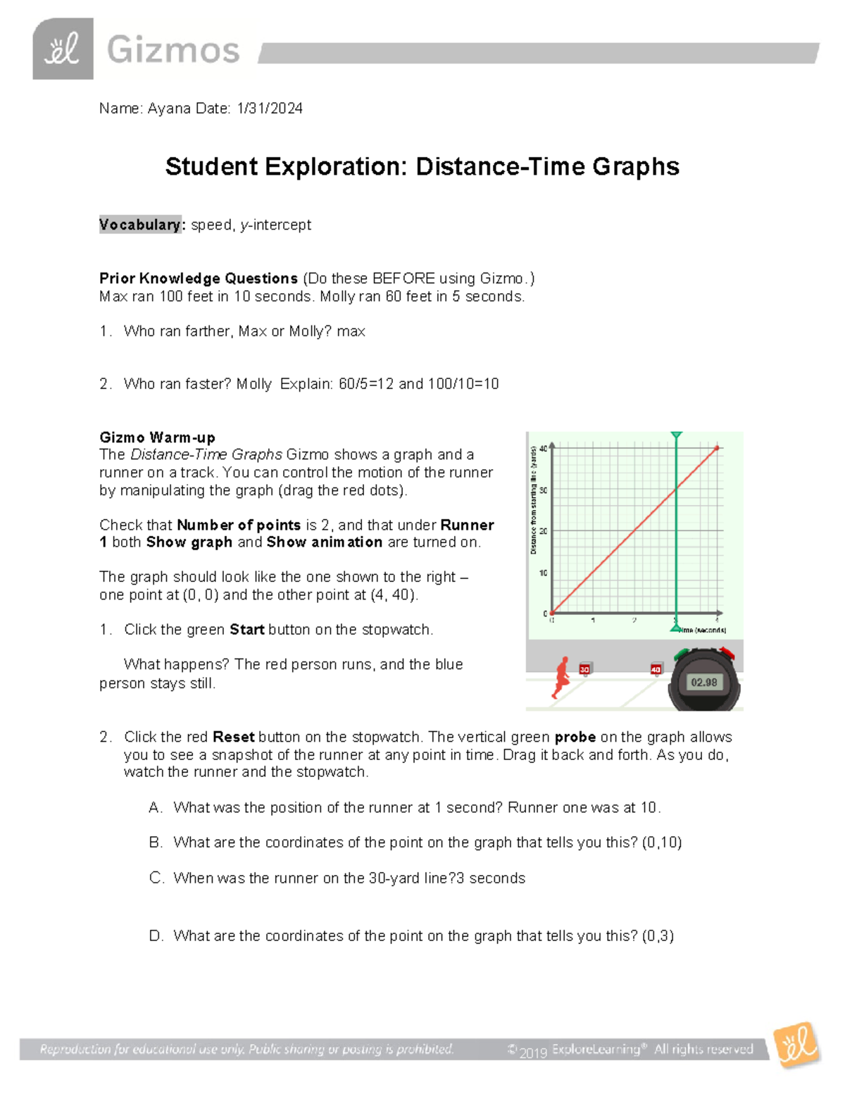 Distance Time Gizmo - sczczsczsczsc - Name: Ayana Date: 1/31/ Student ...