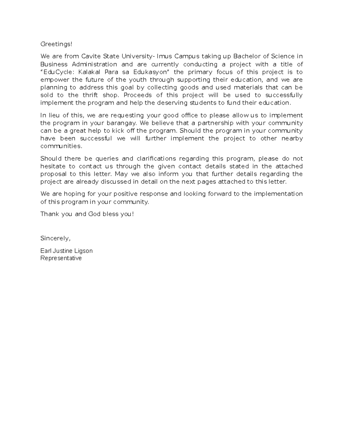 Request Letter-Edu Cycle - Greetings! We are from Cavite State ...