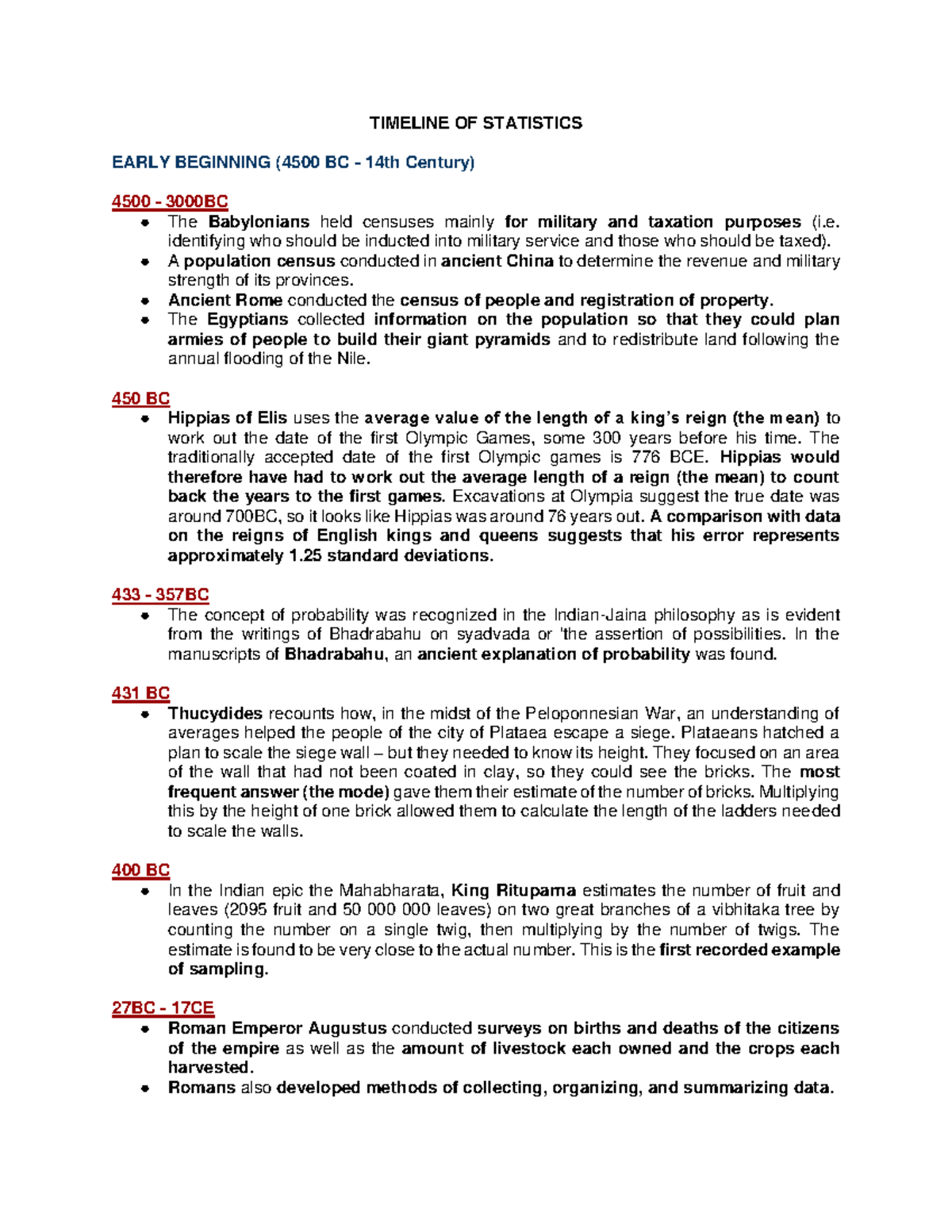 Timeline OF Statistics - TIMELINE OF STATISTICS EARLY BEGINNING (4500 ...