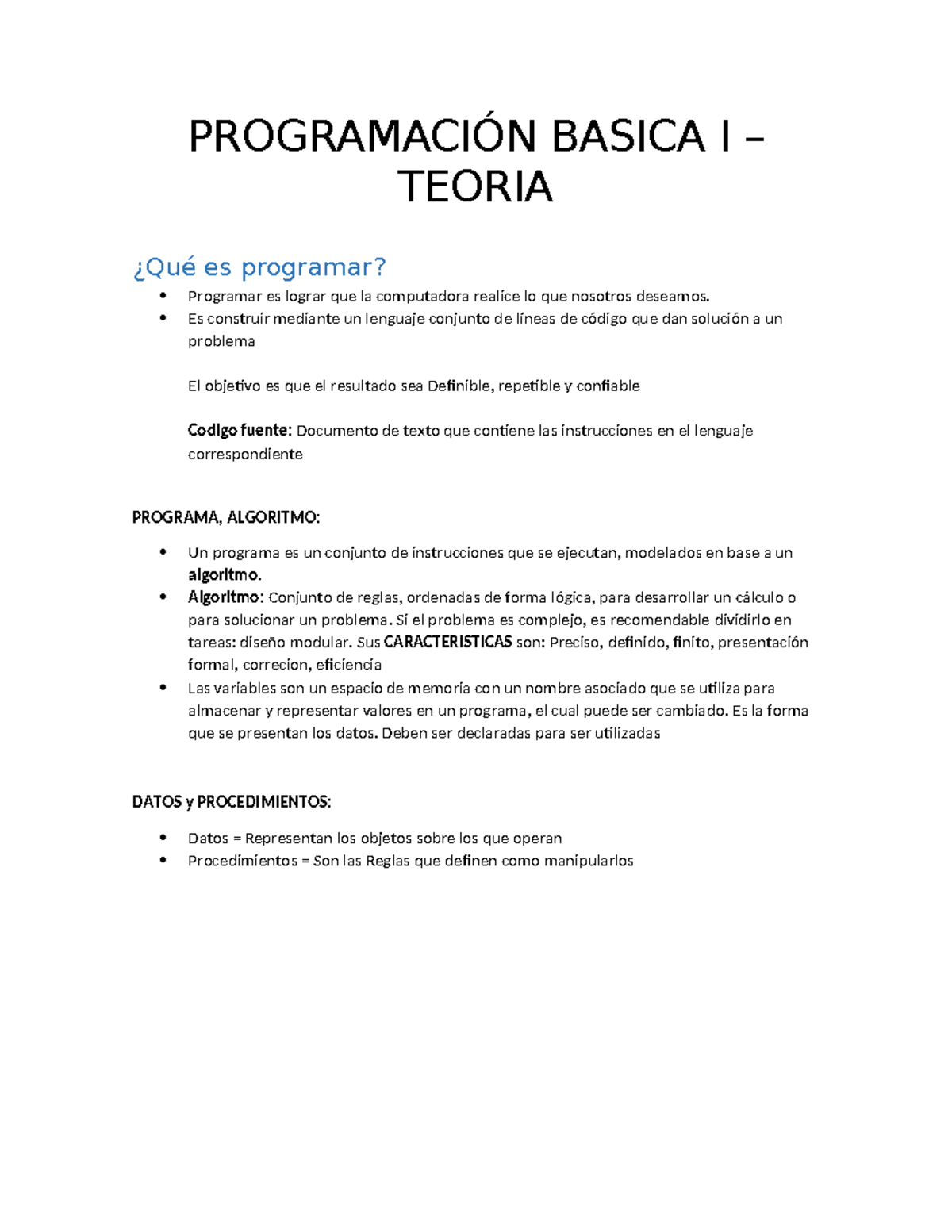 Programación Basica I - Resumen primer parcial - PROGRAMACIÓN BASICA I ...