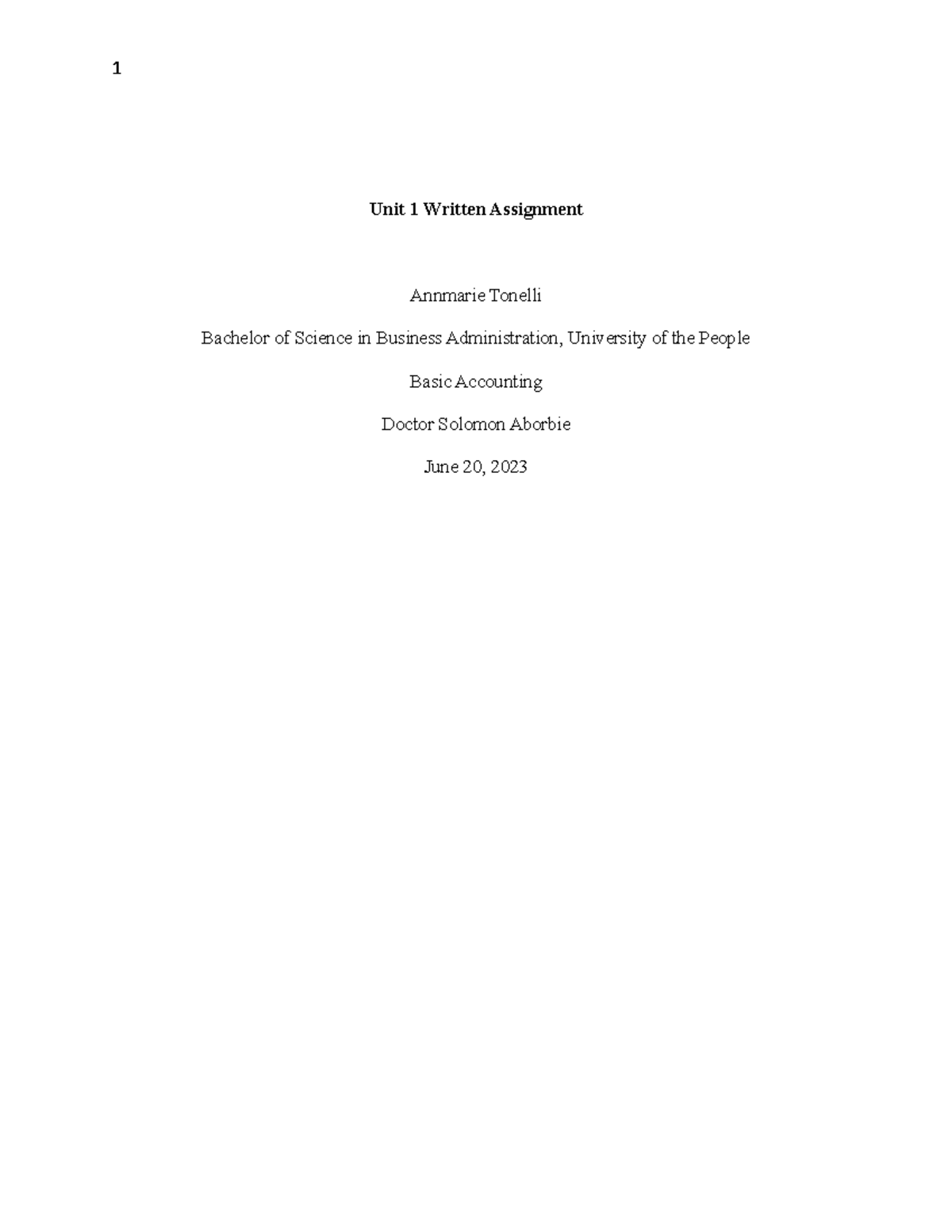 Basic Accounting Unit 1 Written Assignment - Unit 1 Written Assignment ...