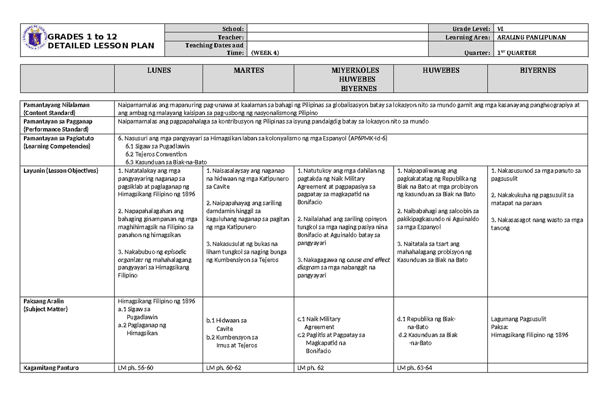 AP DLL - Aralin panlipunan - GRADES 1 to 12 DETAILED LESSON PLAN School ...