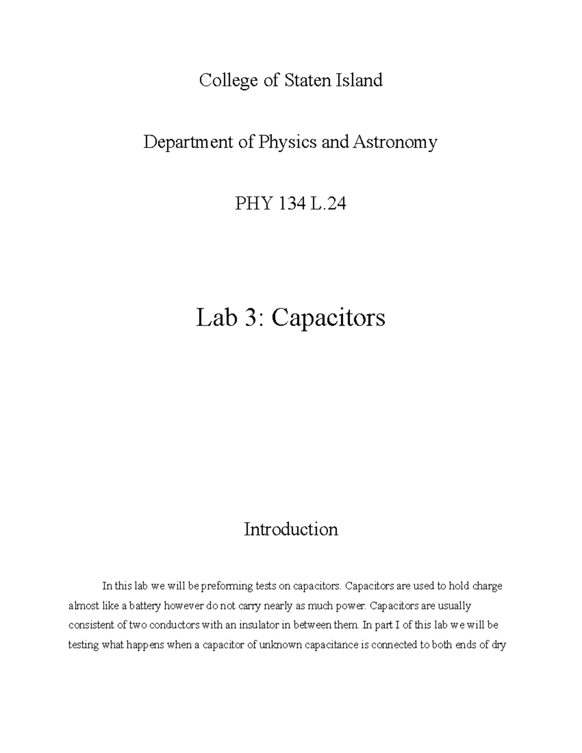 Phy 134 lab 3 - lab 3 capacitors - College of Staten Island Department ...