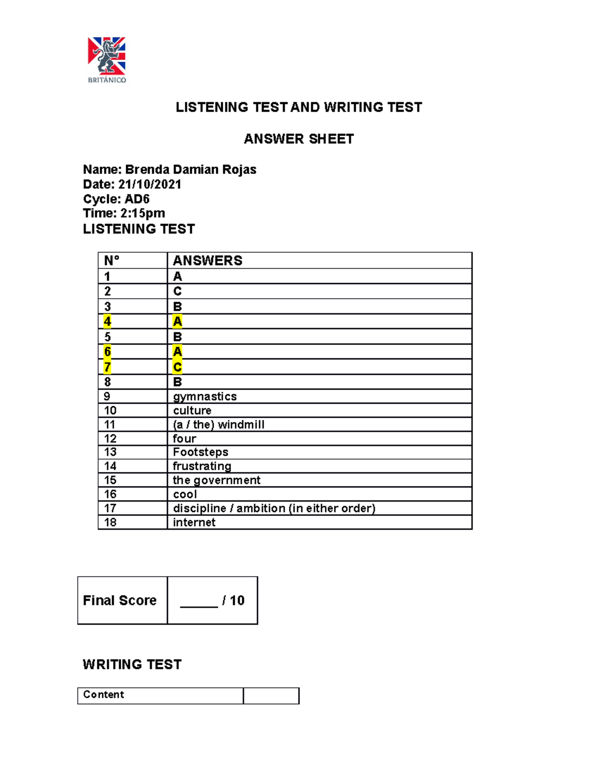 Listening TEST AND Writing TEST Answer Sheet 2 Brenda LISTENING