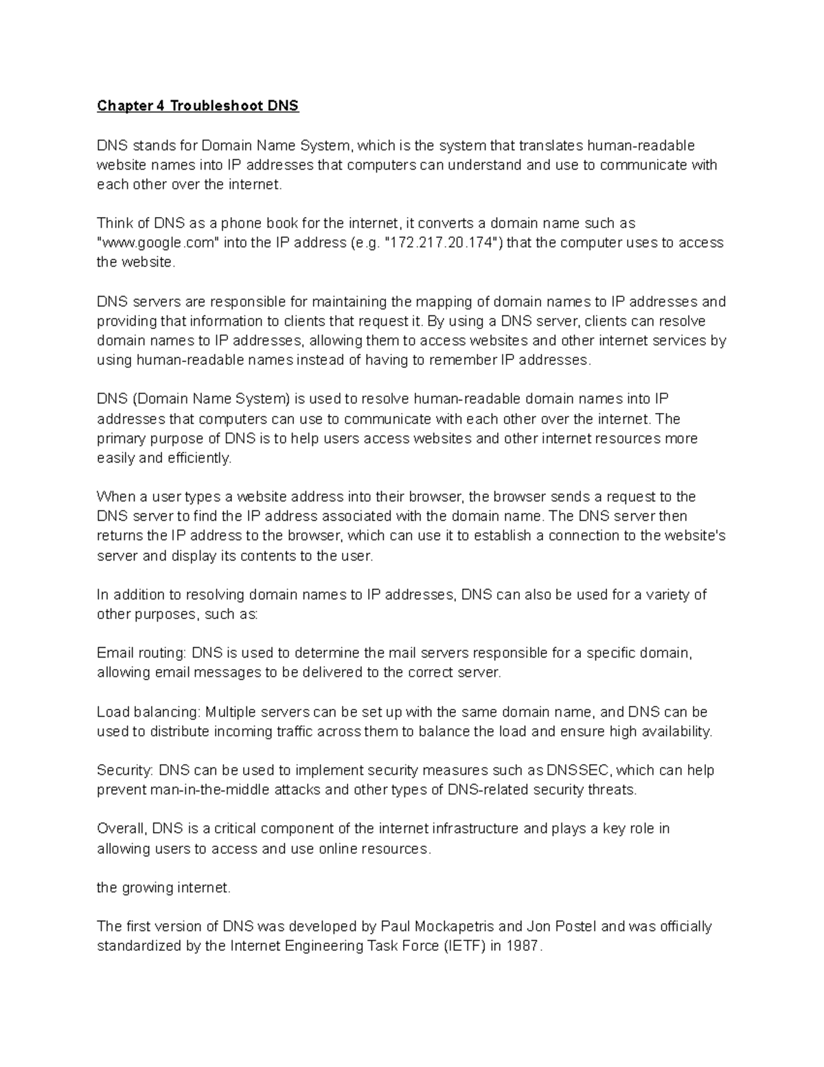 Chapter 4 DNS Extra doc2 - Chapter 4 Troubleshoot DNS DNS stands for ...