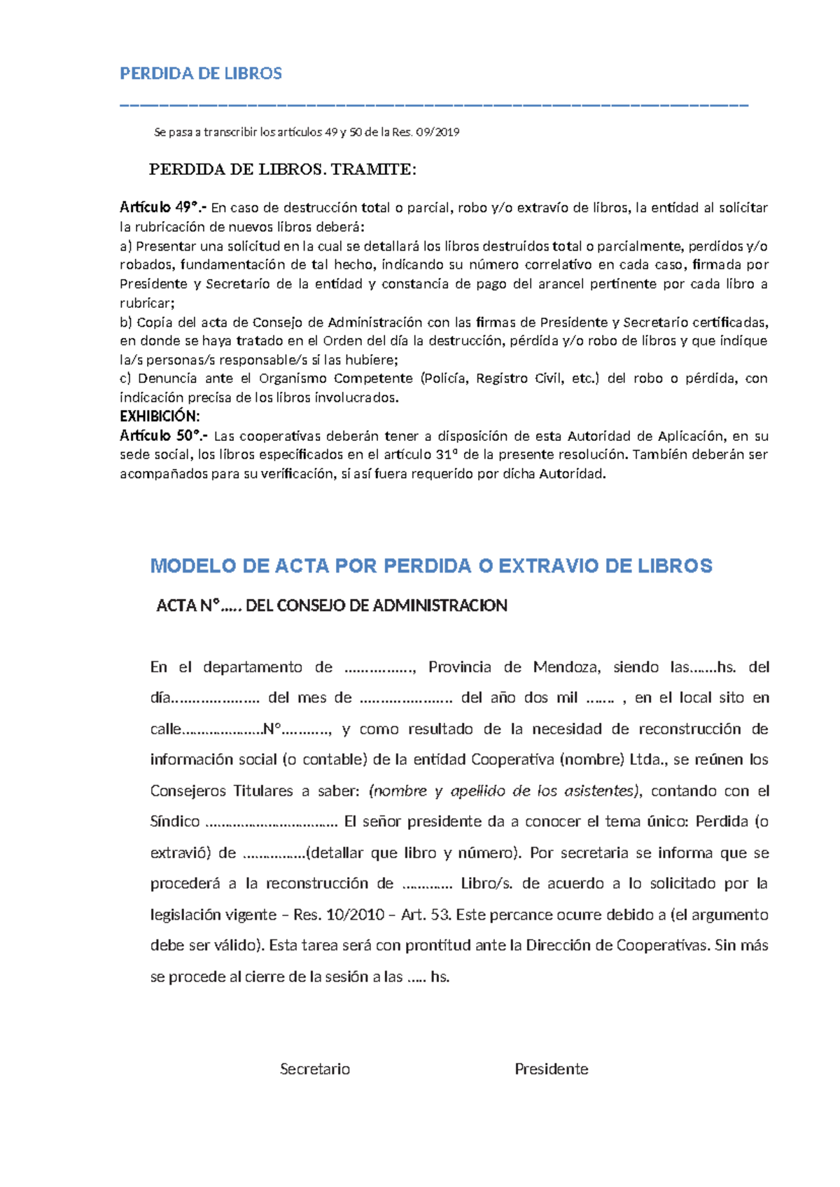 Acta perdida - PERDIDA DE LIBROS