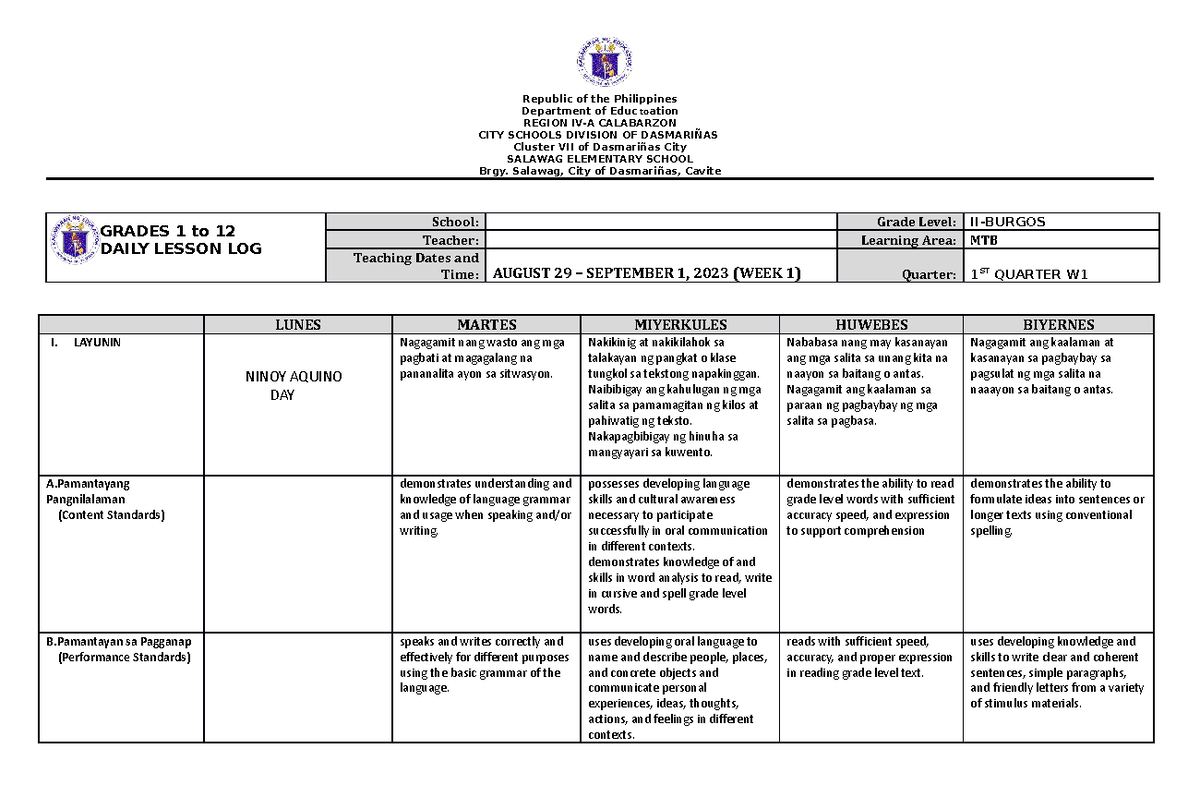 DLL MTB-2 Q1 W1 - nvj. - Republic of the Philippines Department of Educ ...