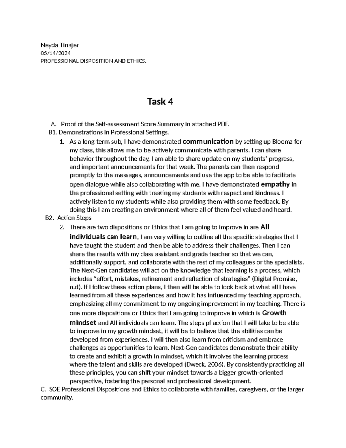 DFM3 TASK 4: PROFESSIONAL DISPOSITIONS AND ETHICS - Neyda Tinajer 05/14 ...