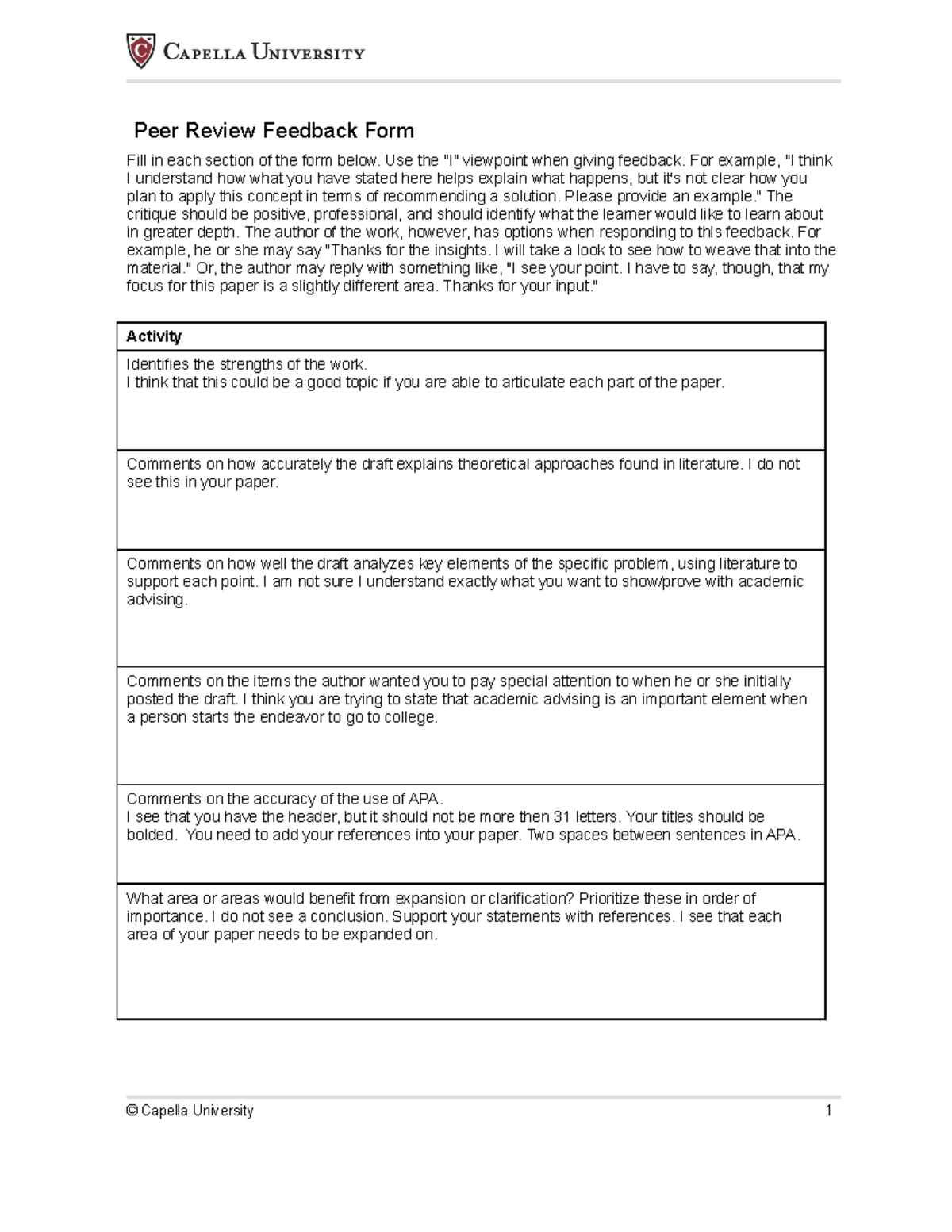 ED7091 U8A - Peer Review Feedback Form Fill in each section of the form ...