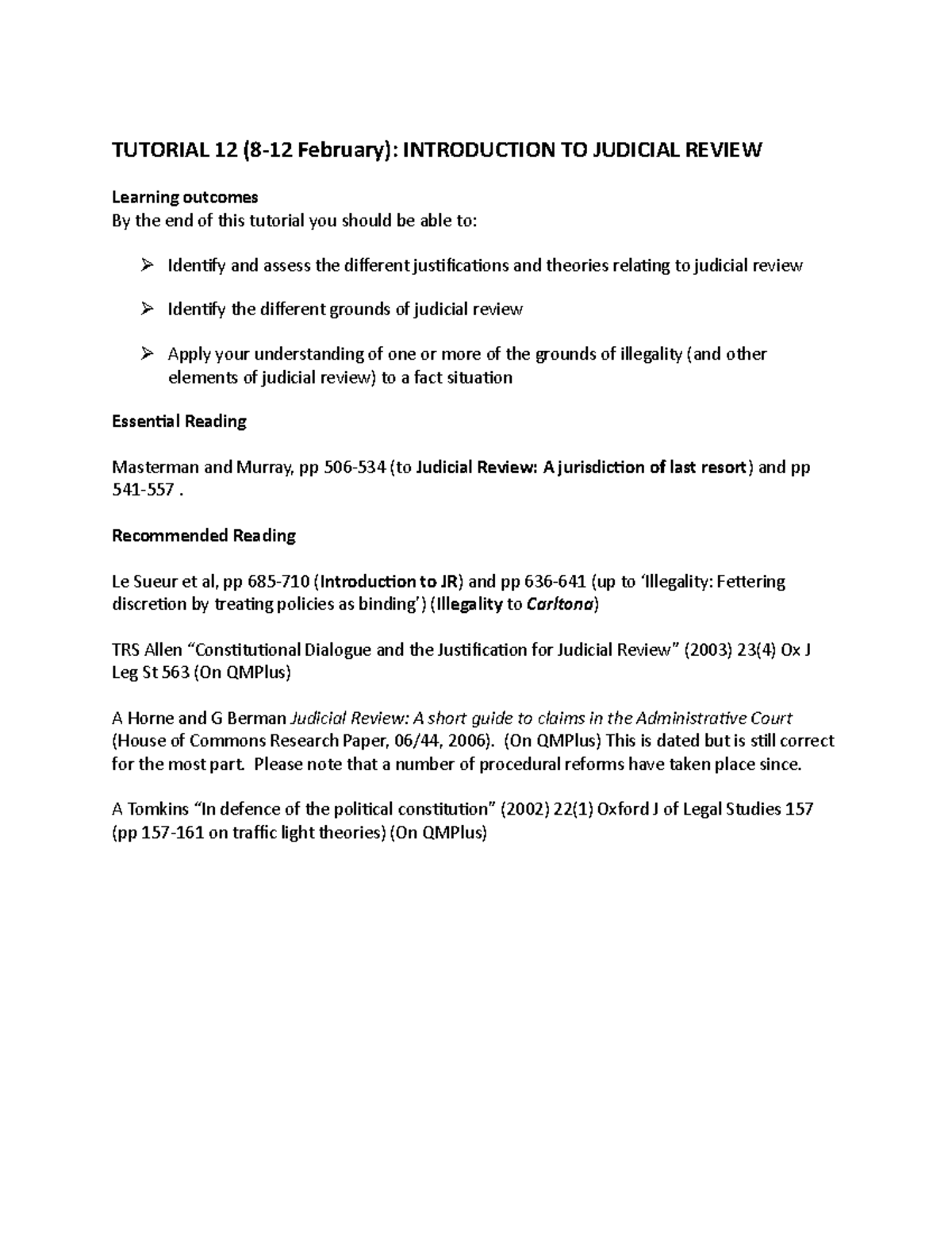 Tutorial 12 - Introduction TO Judicial Review - TUTORIAL 12 February ...