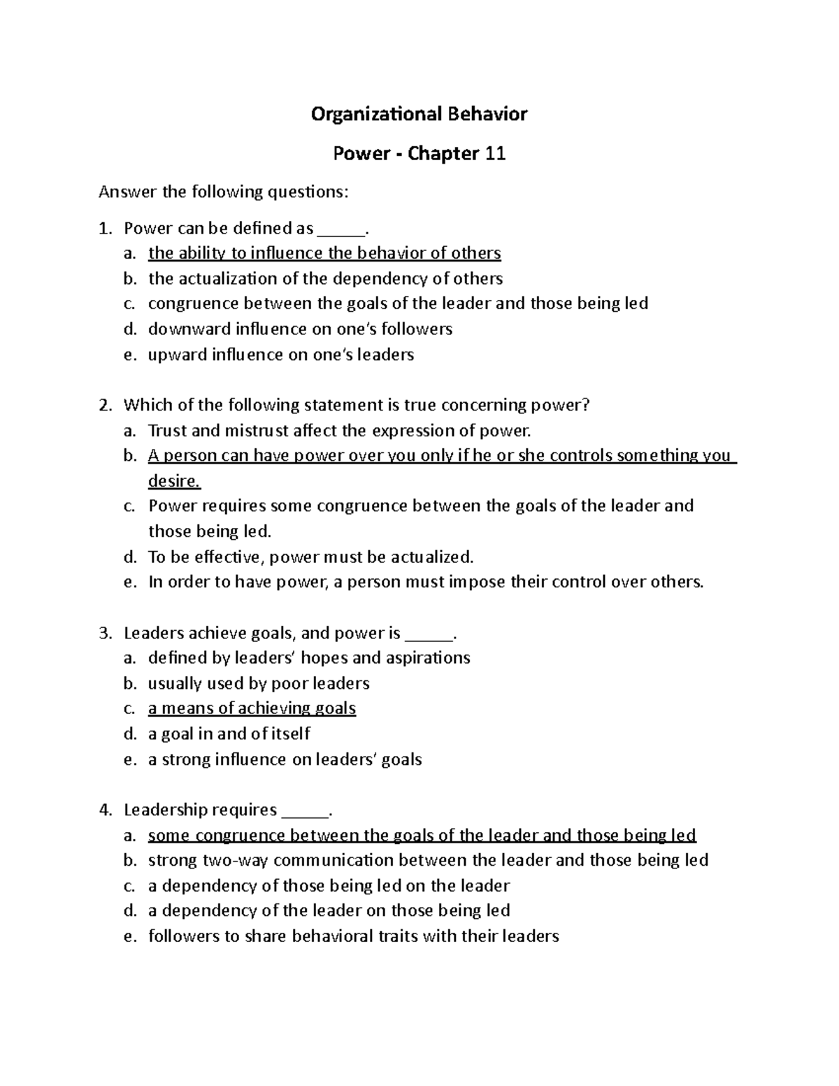 Ch.11 Questions - Power - Organizational Behavior Power - Chapter 11 ...