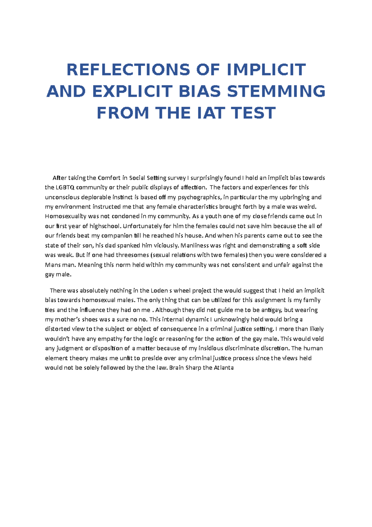 IAT Results - Test to test ones bias - REFLECTIONS OF IMPLICIT AND ...