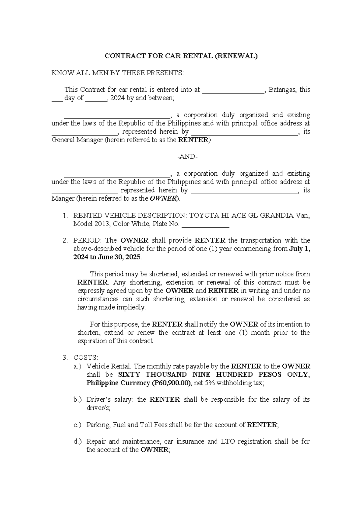 Contract FOR CAR Rental - CONTRACT FOR CAR RENTAL (RENEWAL) KNOW ALL ...