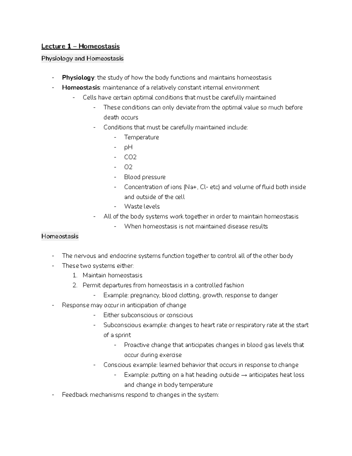 1412 Physio - notes - Lecture 1 – Homeostasis Physiology and ...