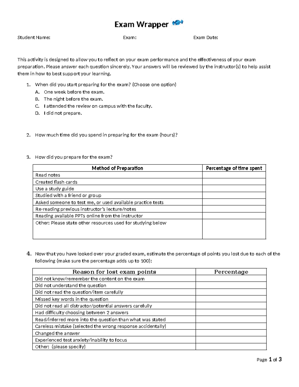 Exam Wrapper 2022 - Nursing material - Exam Wrapper Student Name: Exam ...