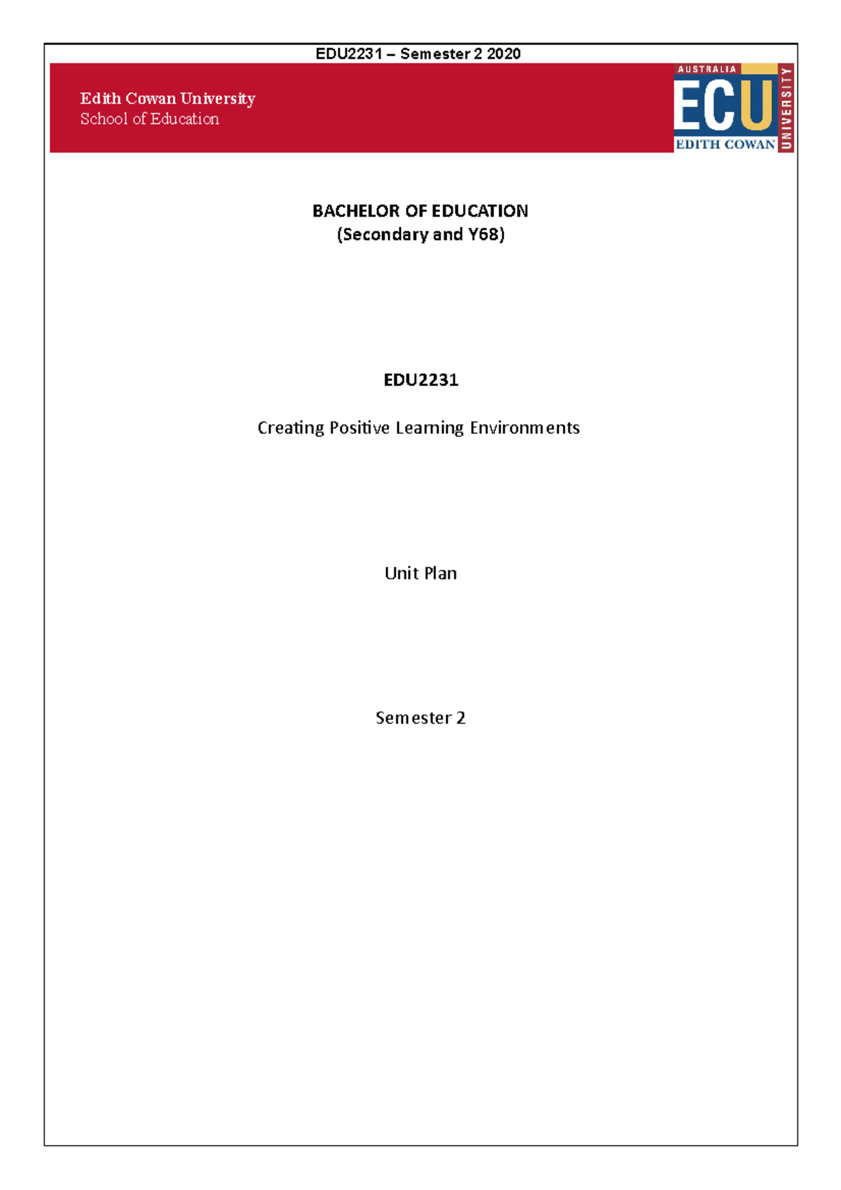 EDU2231 Unit Plan 2020 - unit plan - BACHELOR OF EDUCATION (Secondary ...