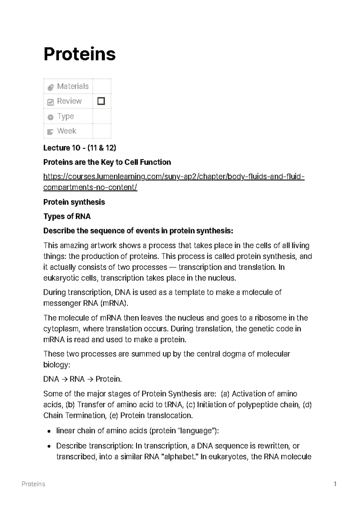 8. Proteins in A&P - Proteins Materials Review Type Week Lecture 10 ...