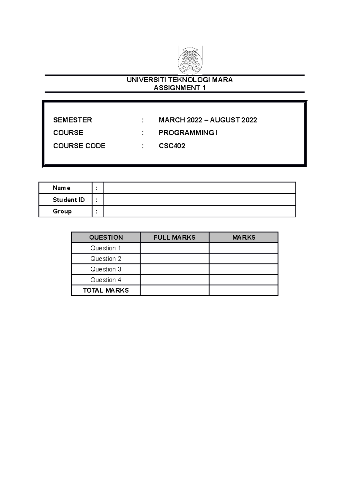 20222 CSC402 Assignment 1 epjj - UNIVERSITI TEKNOLOGI MARA ASSIGNMENT 1 ...