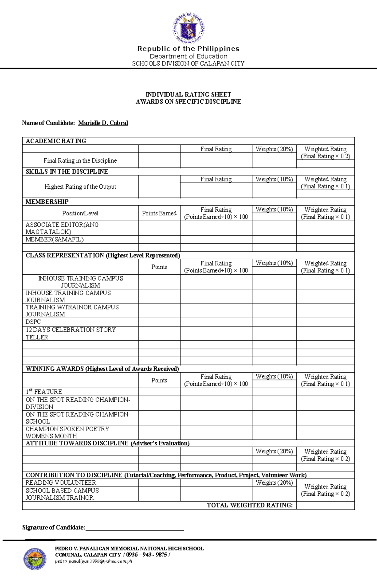 Individual Rating Sheet for awards pertinent papers - Republic of the ...