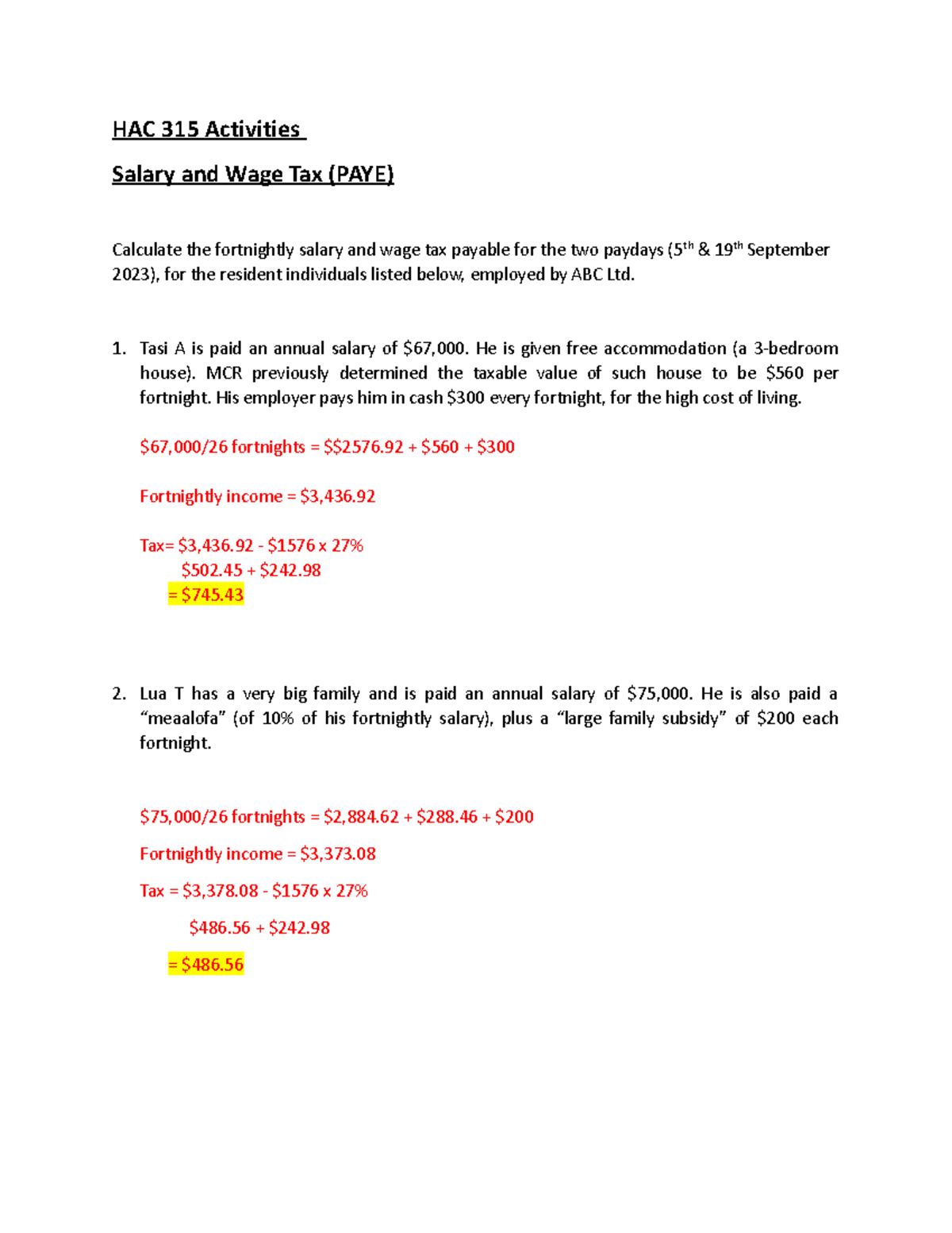 HAC 315 Activities Solutions - HAC 315 Activities Salary and Wage Tax ...