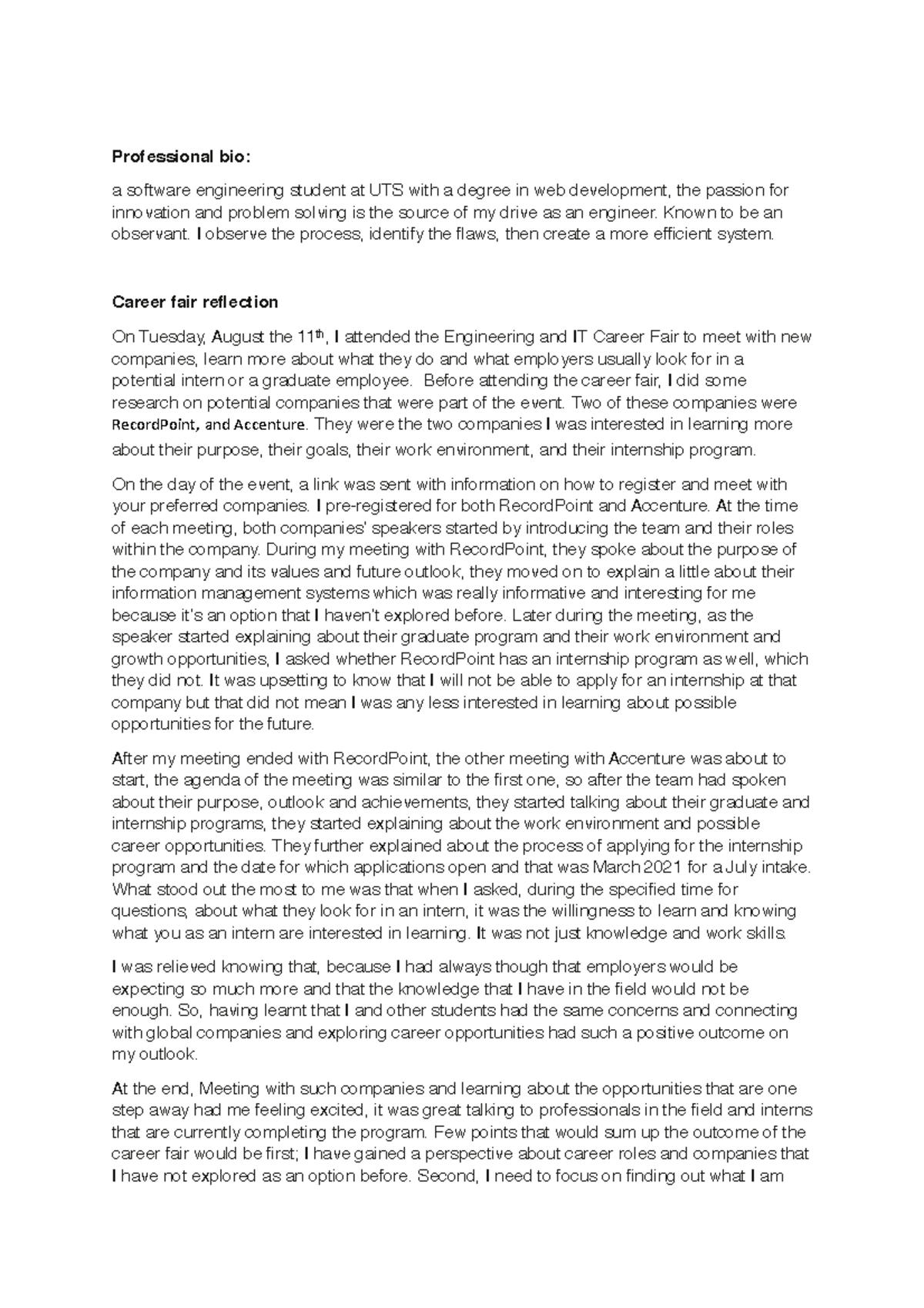 Career reflection journal - Professional bio: a software engineering ...