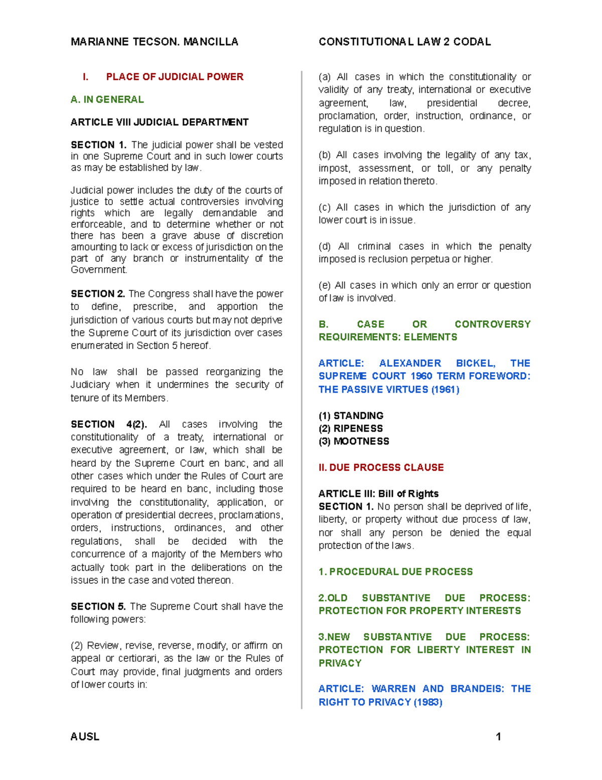 Consti Law 2 Codal - MARIANNE TECSON. MANCILLA CONSTITUTIONAL LAW 2 CODAL I. PLACE OF JUDICIAL ...