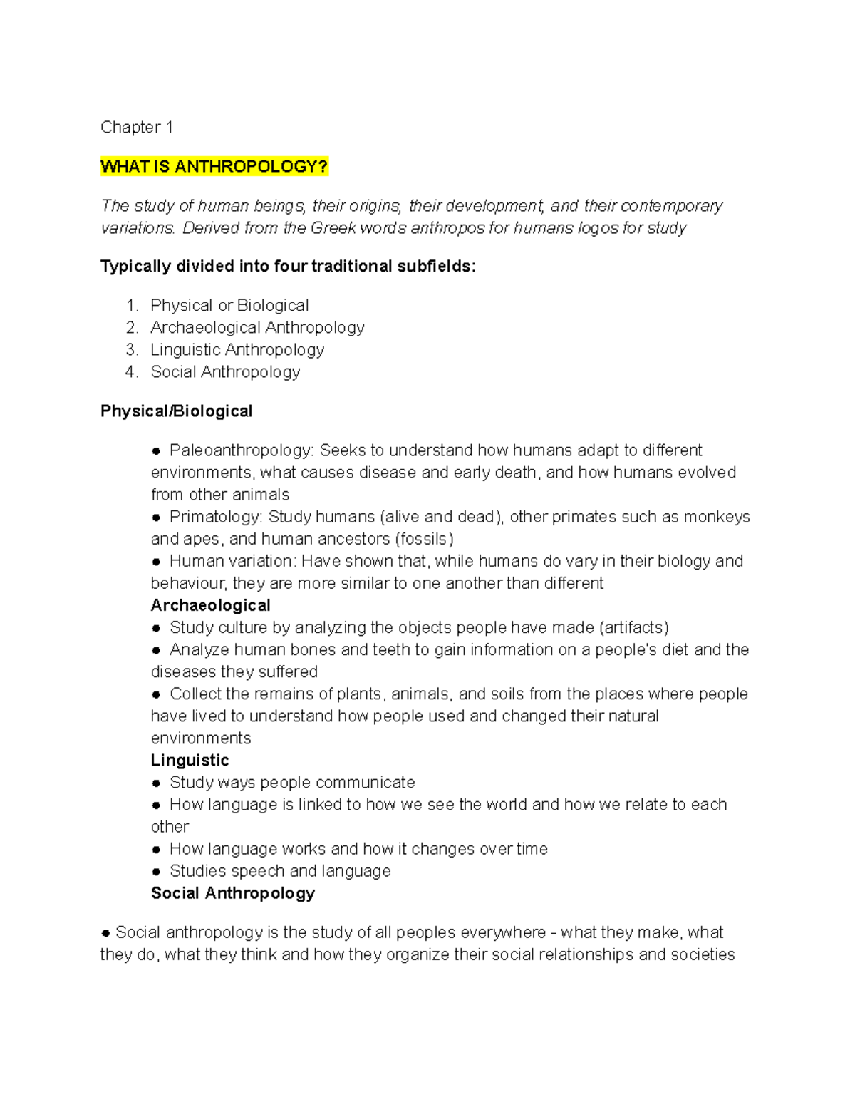 ANTH 1150 Notes - Chapter 1 WHAT IS ANTHROPOLOGY? The study of human ...