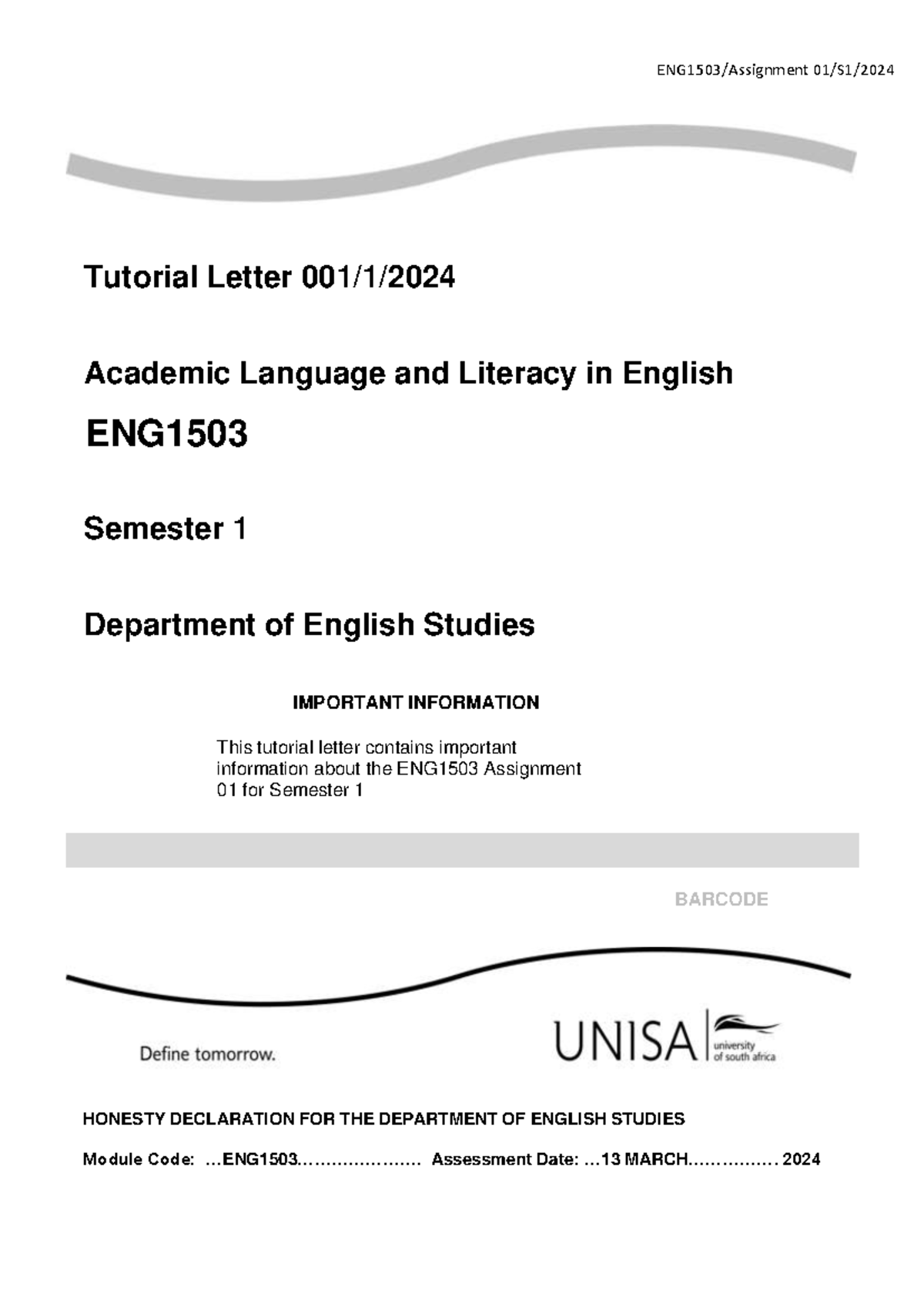 ENG1503 Assignment 1 Answer - Tutorial Letter 001/1/ Academic Language and Literacy in English ...