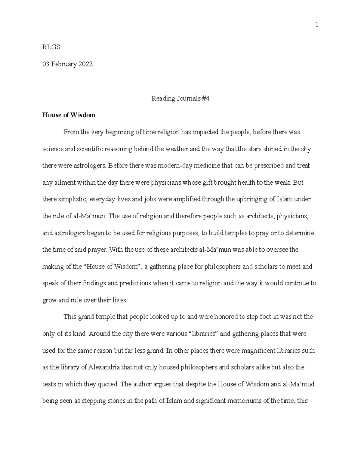 Reading Journals #4 - 1 RLGS 03 February 2022 Reading Journals # House ...